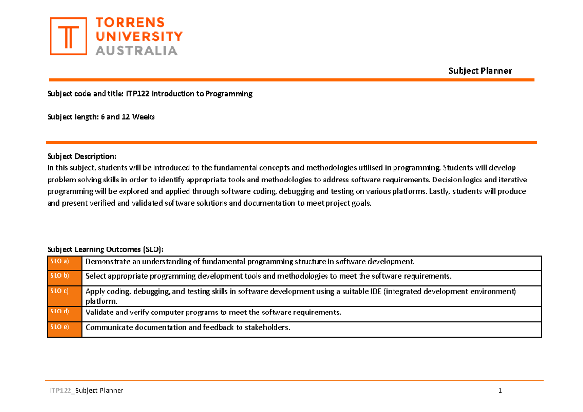 ITP122 Subject Planner - ITP122_Subject Planner 1 Subject Planner Subject code and title: ITP122 ...