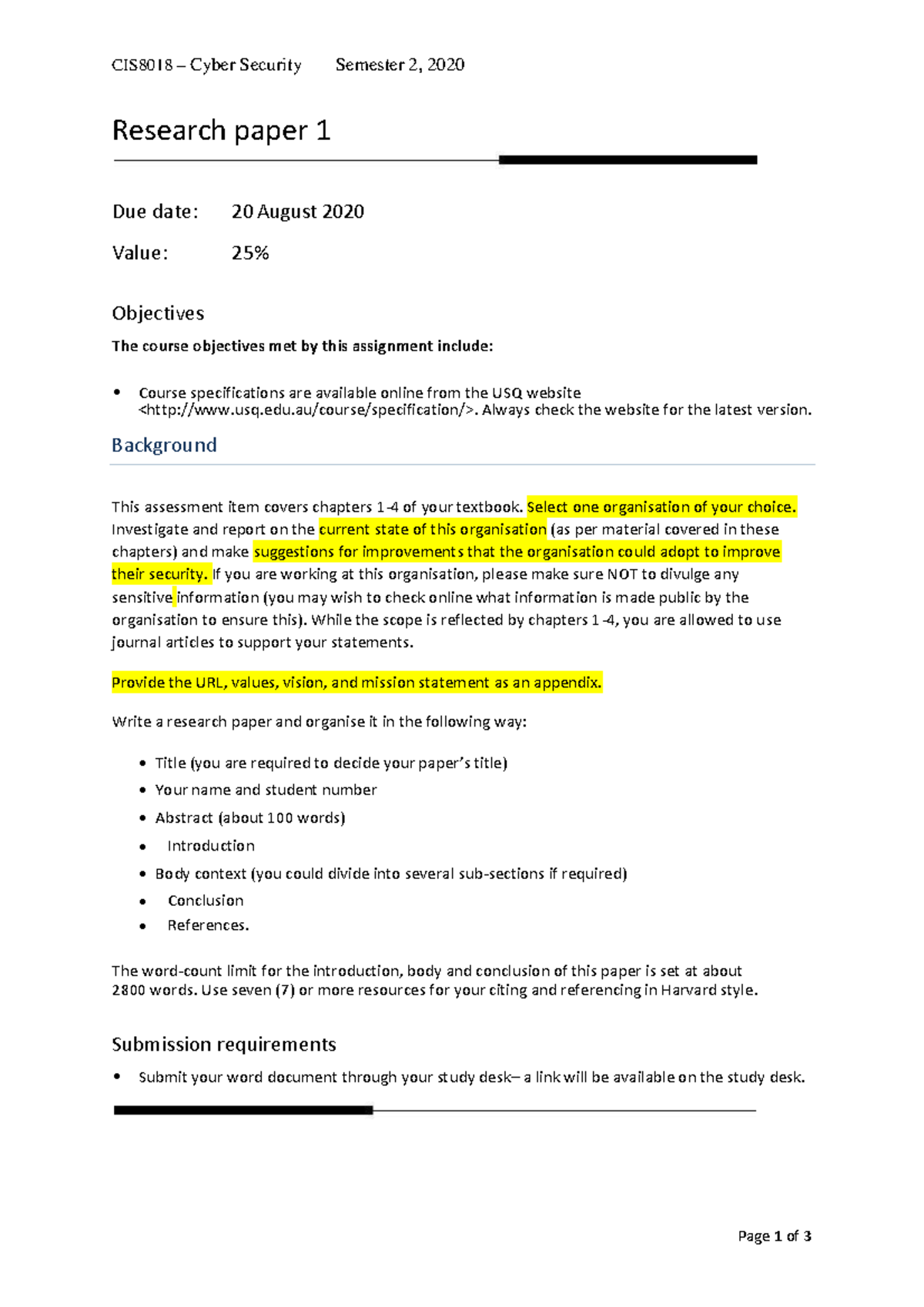 CIS8018 -Cyber Security Assignment 1 specifications - CIS8018 – Cyber Security Semester 2, 2020 ...