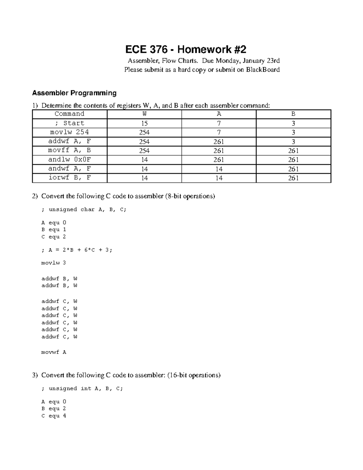 Homework 02 - ECE 376 - Homework Assembler, Flow Charts. Due Monday ...