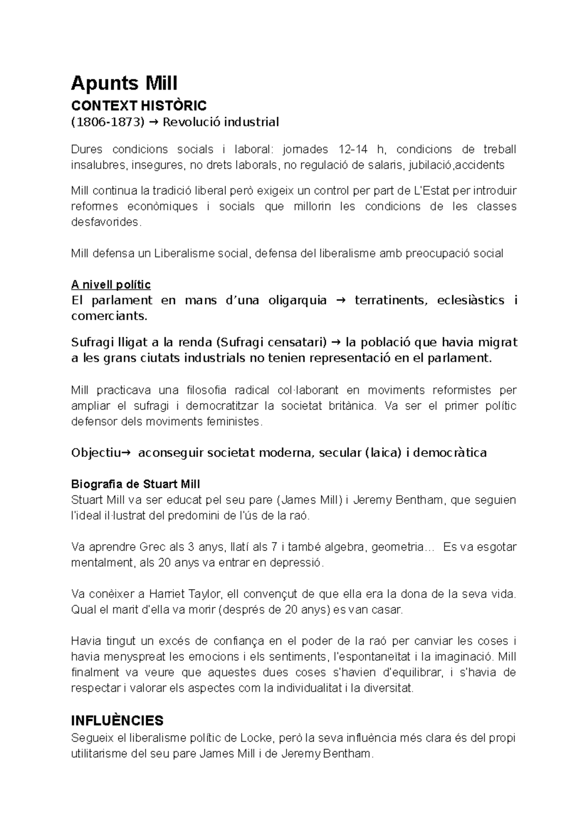 Apunts Mill - Teorías del filosófo Stuart Mill - Apunts Mill CONTEXT HISTÒRIC (1806-1873) → ...