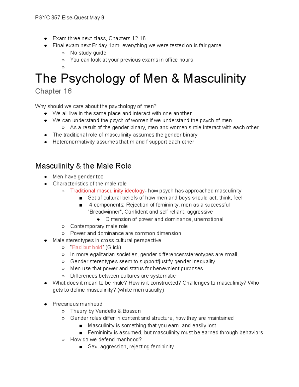 PSYC 357 May 9 - Dr. Nicole Else-Quest - PSYC 357 Else-Quest May 9 Exam ...