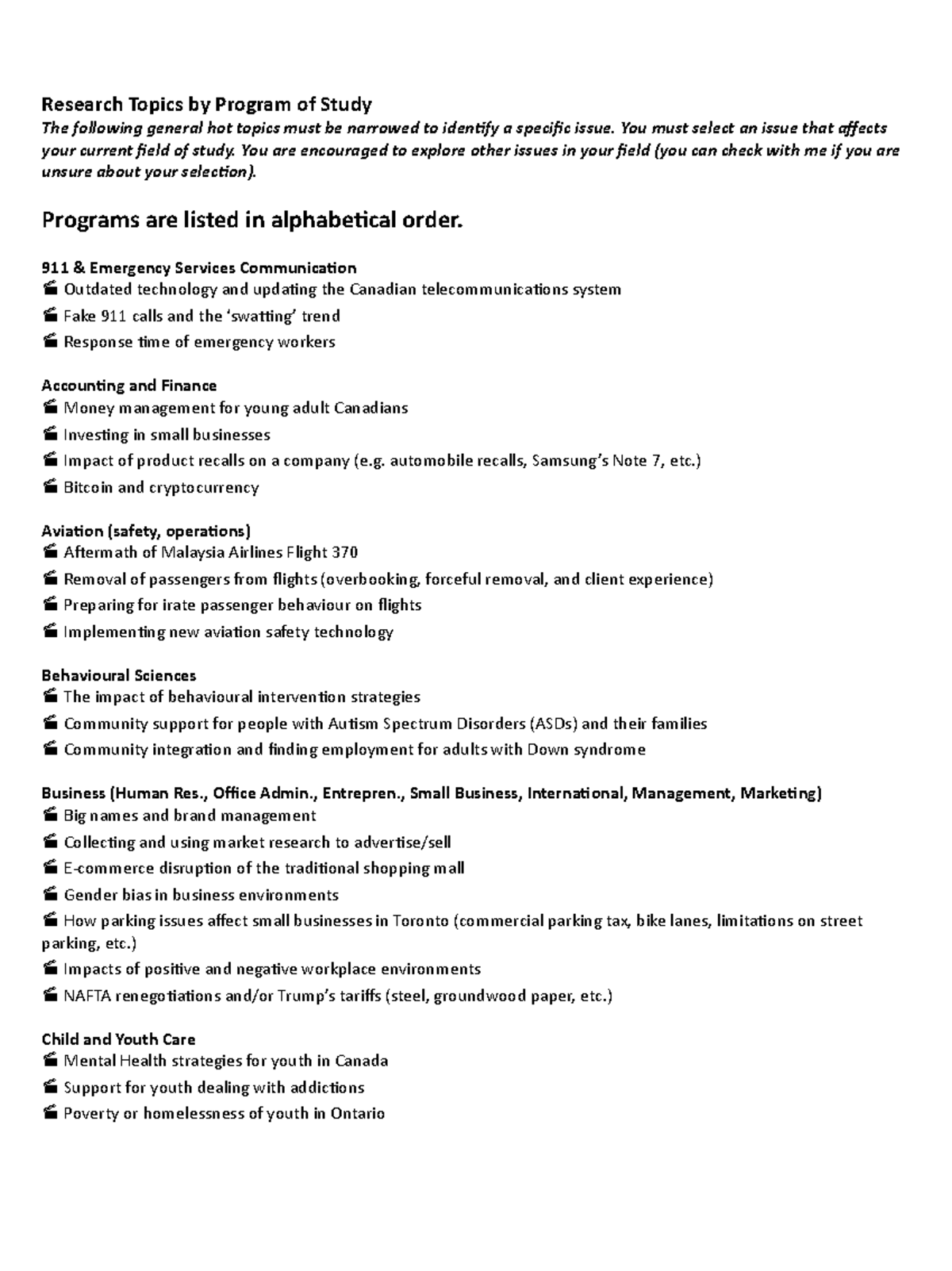 Research Topics by Program of Study - You must select an issue that ...