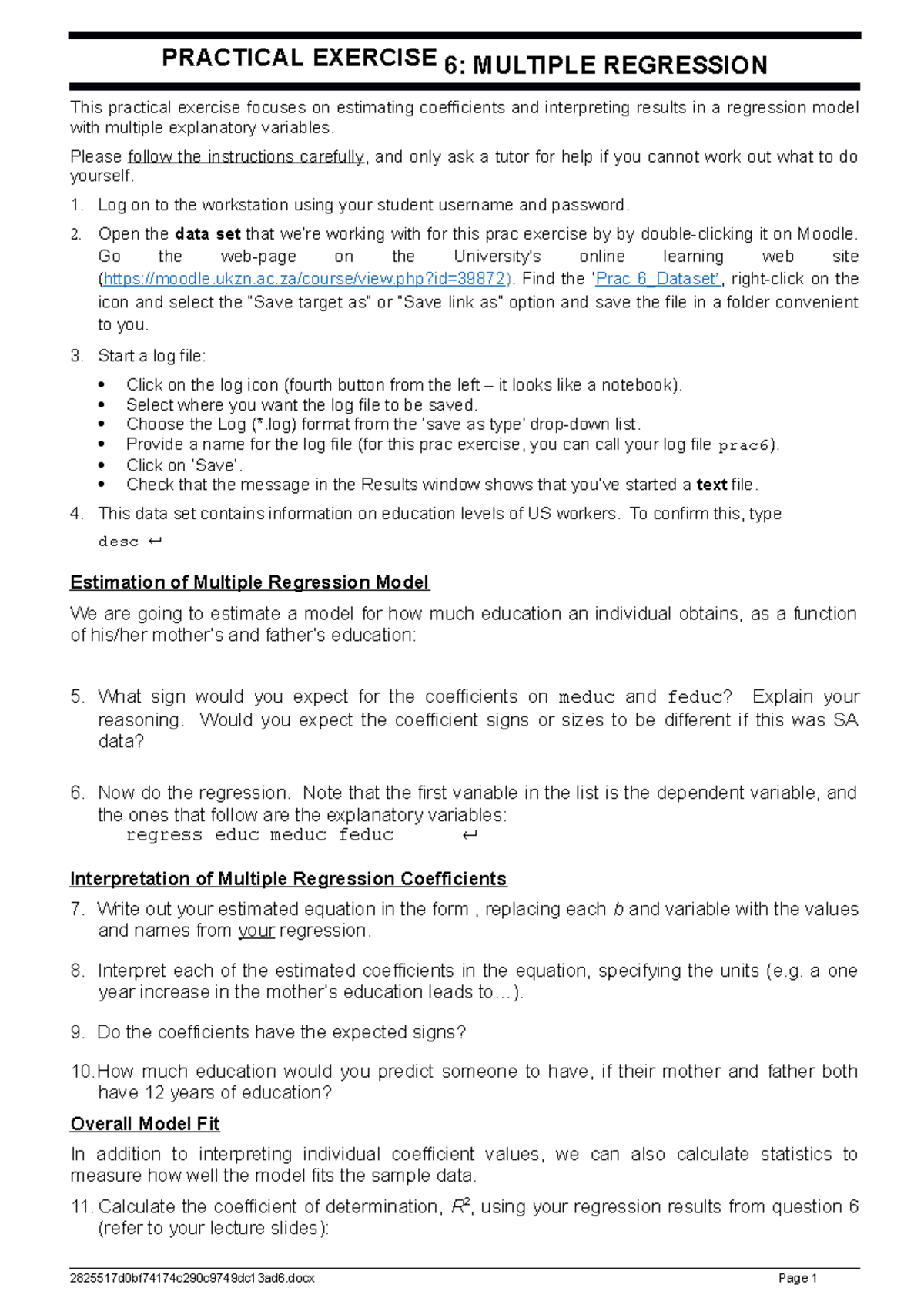 Prac 6 Multiple Regression Estimation Practical Exercise 6 Multiple Regression This Practical