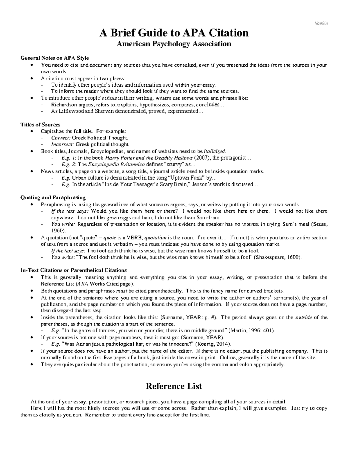 APA Citation Guide Filler Doc Dont Pay Attention Hopkin A Brief