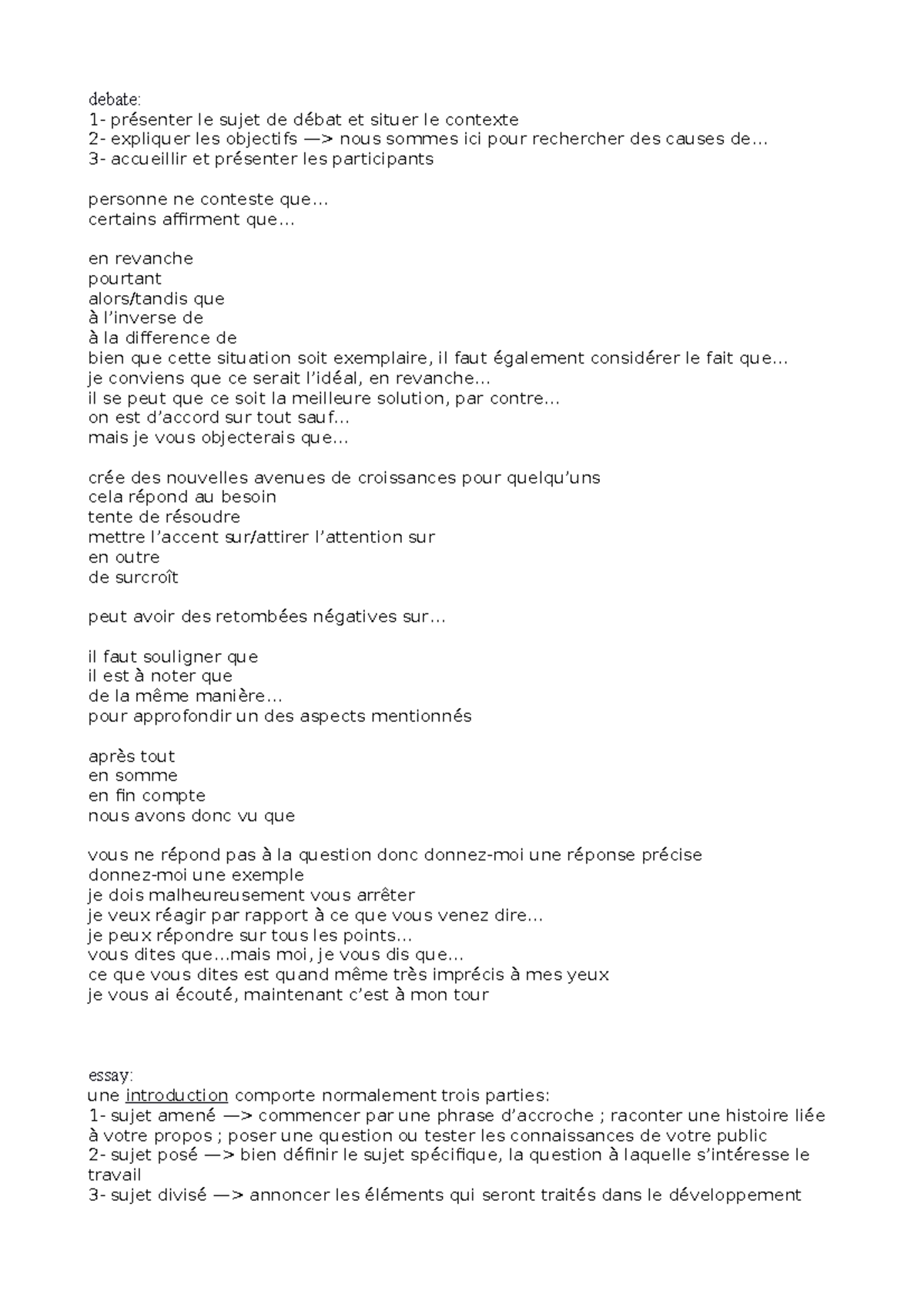 French debate phrases - debate: 1- présenter le sujet de débat et ...