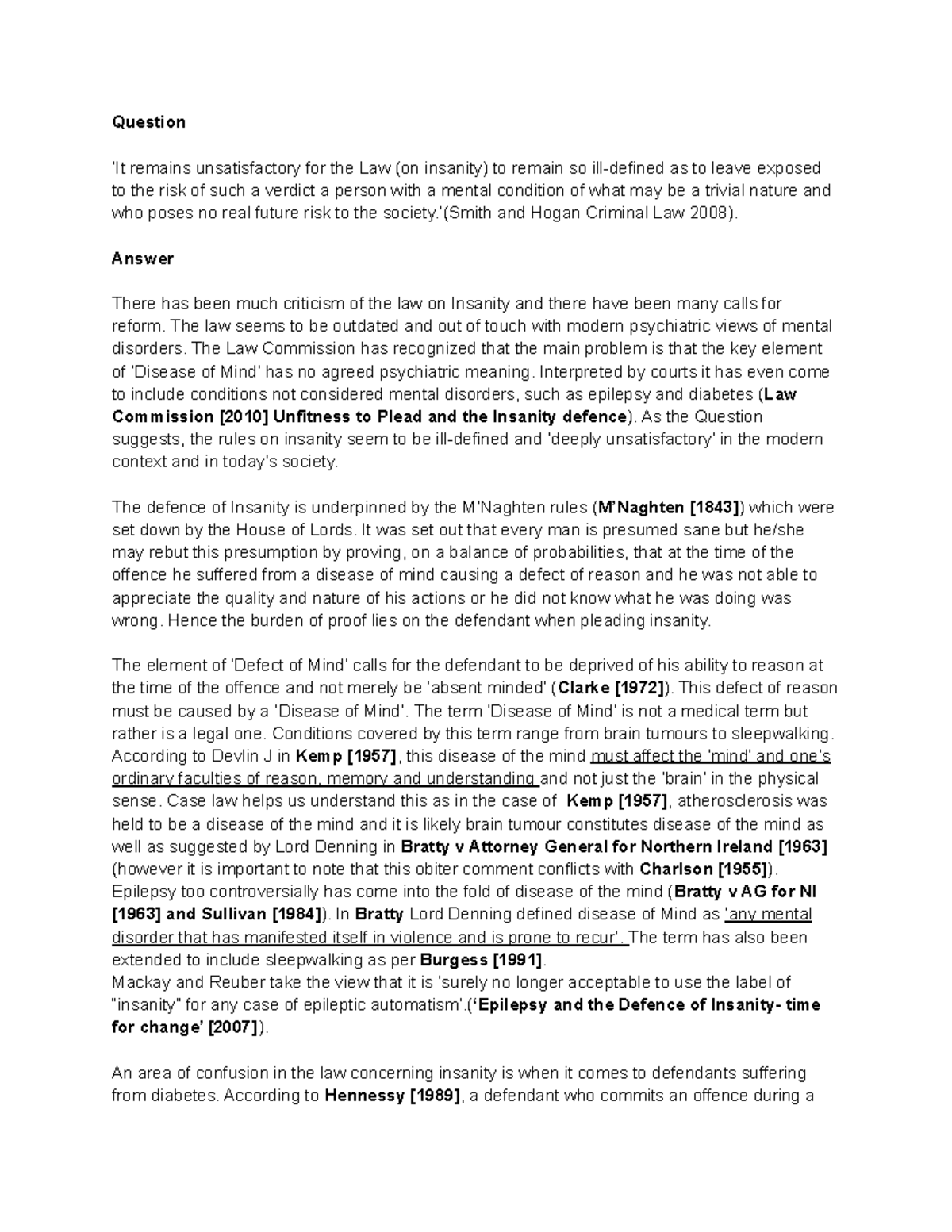 Insanity Analysis as a defence, Criminal Law - Question ‘It remains ...