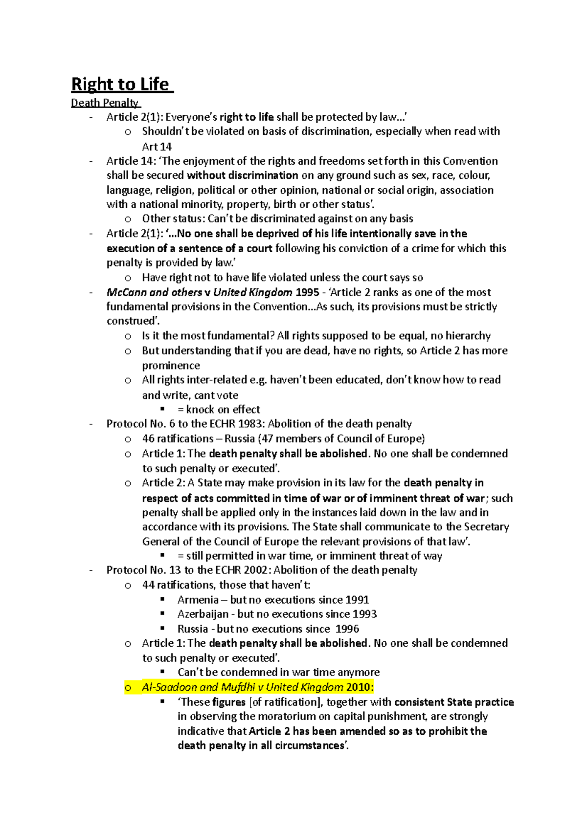 8- Right to Life - Right to Life Death Penalty - Article 2(1): Everyone ...