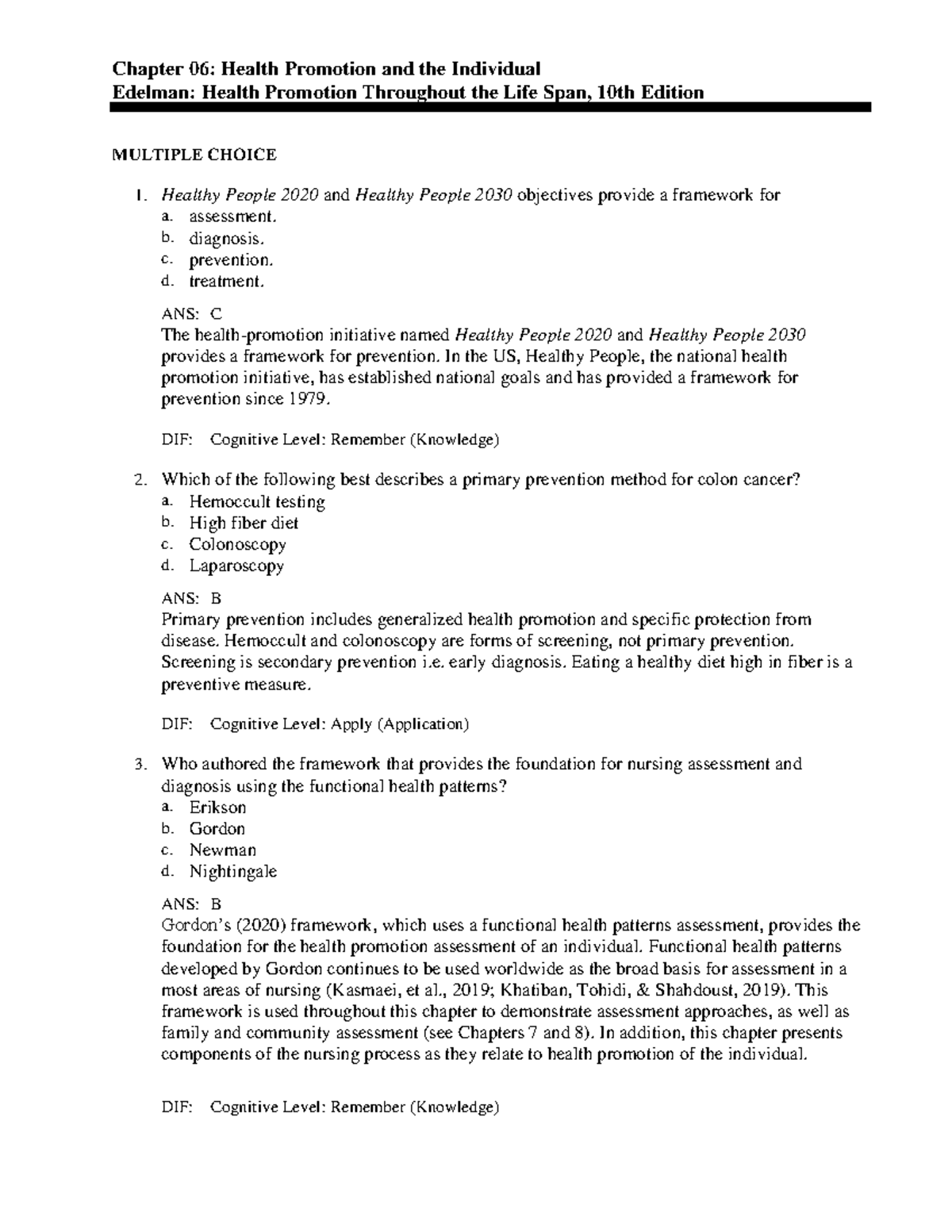06 - CHAP 6 - Chapter 06: Health Promotion and the Individual Edelman ...