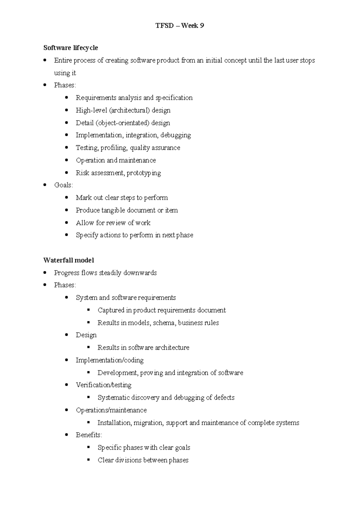 9 Week 9 - Lecture Notes. - Software lifecycle Entire process of ...