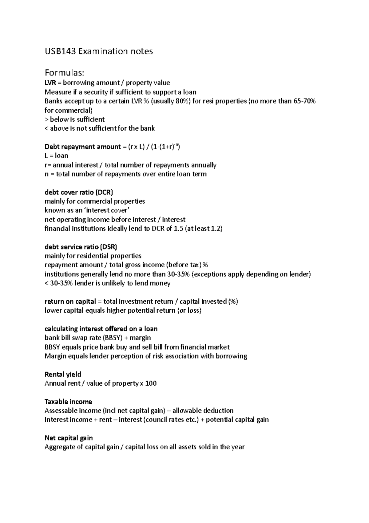 USB143 Definitions and notes - USB143 Examination notes Formulas: LVR ...