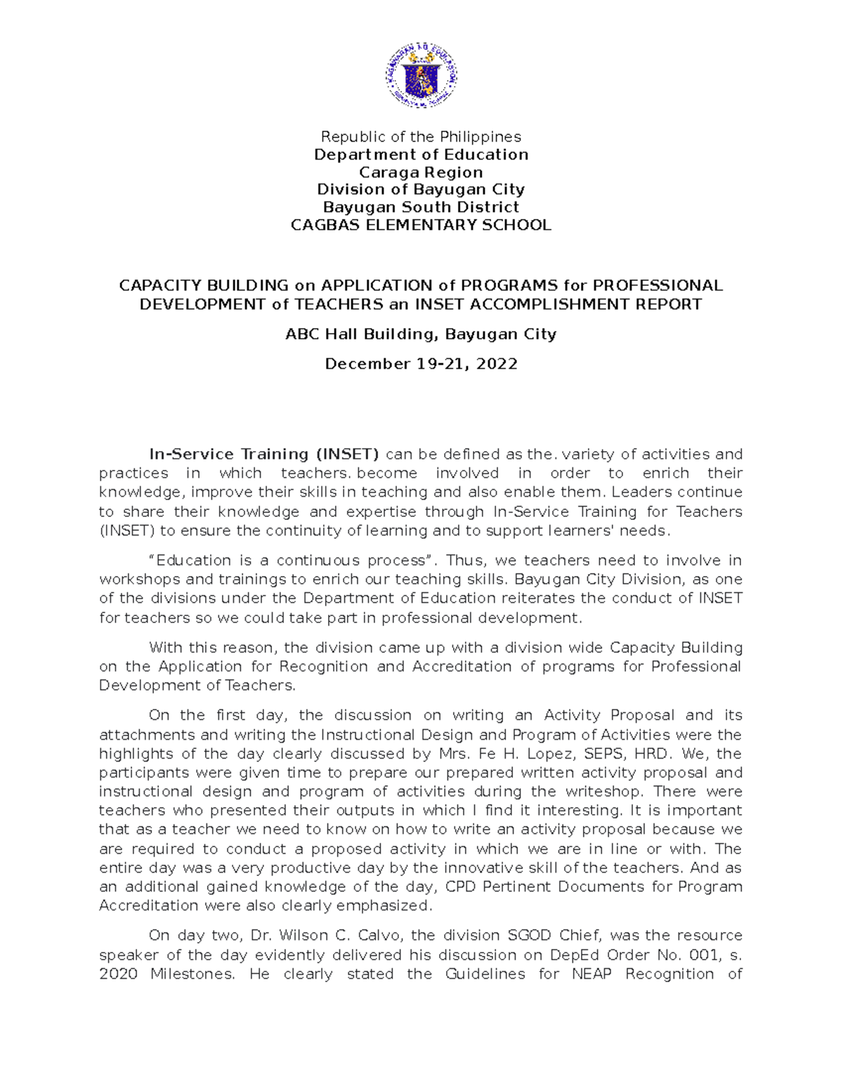 Inset Accomplishment Report - Republic of the Philippines Department of ...