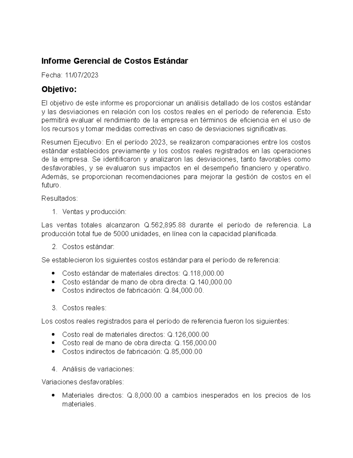 Informe Gerencial de Costos Estándar - Informe Gerencial de Costos ...