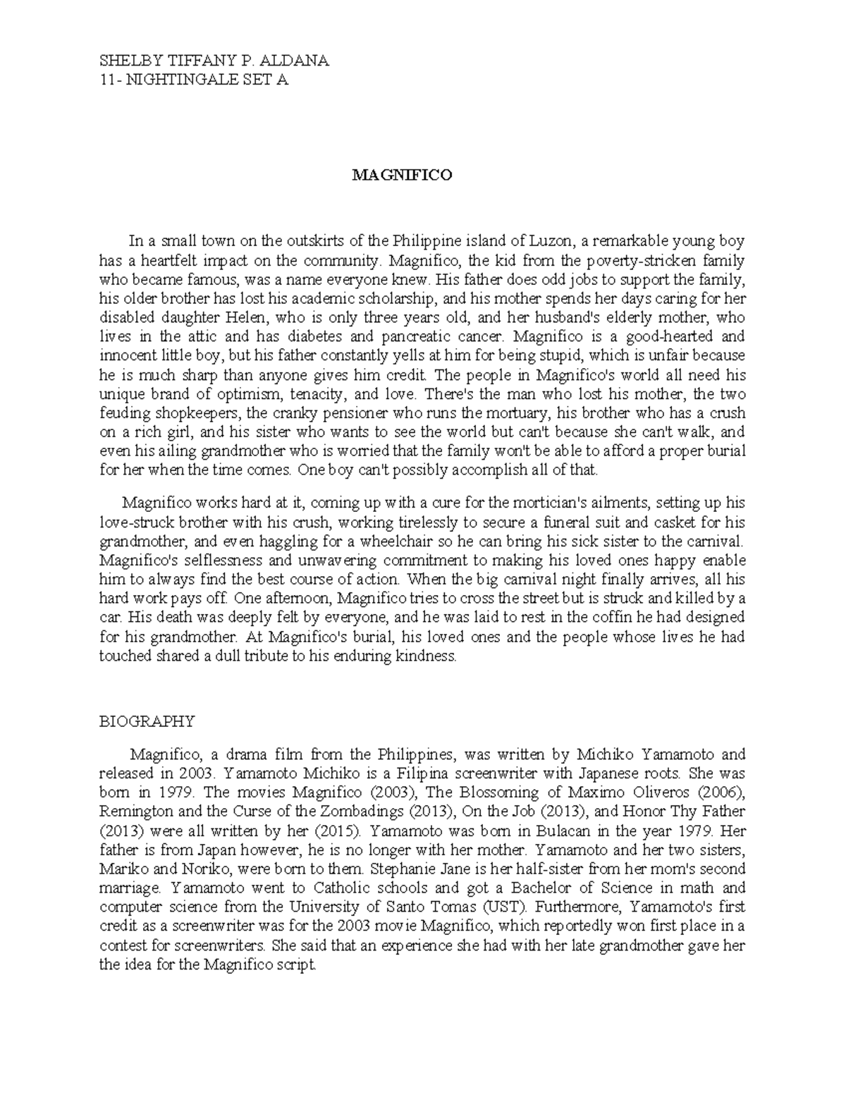 Magnifico - Summary M? - M? - SHELBY TIFFANY P. ALDANA 11- NIGHTINGALE ...