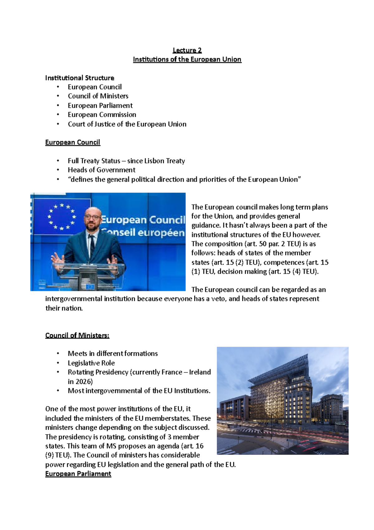 EU Law - Institutions of the European Union - Lecture 2 Institutions of ...