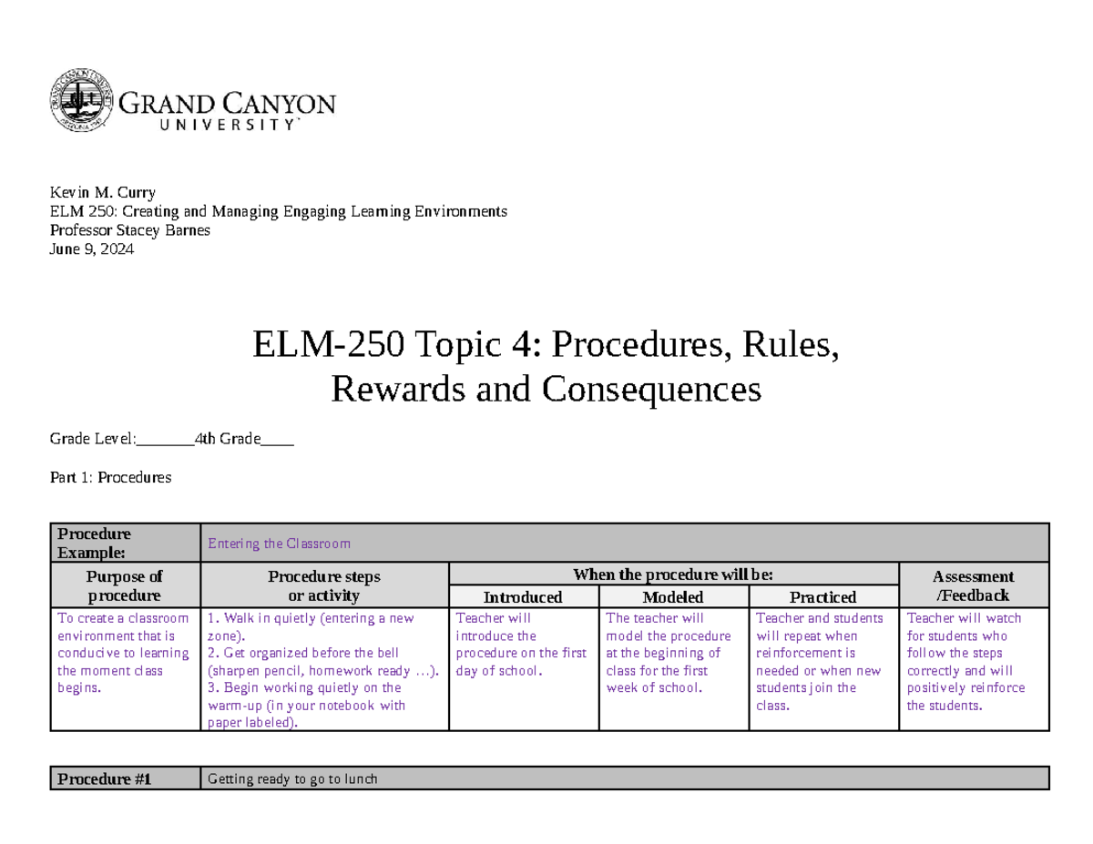 ELM-250 T4 Procedures Rules Rewards and Consequences K Curry 6 9 24 ...