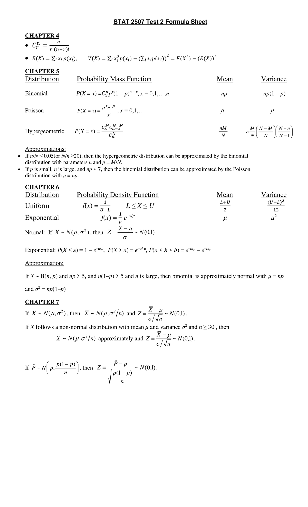 Formulasheet Test2 - N/A - STAT 2507 Test 2 Formula Sheet CHAPTER 4 ...