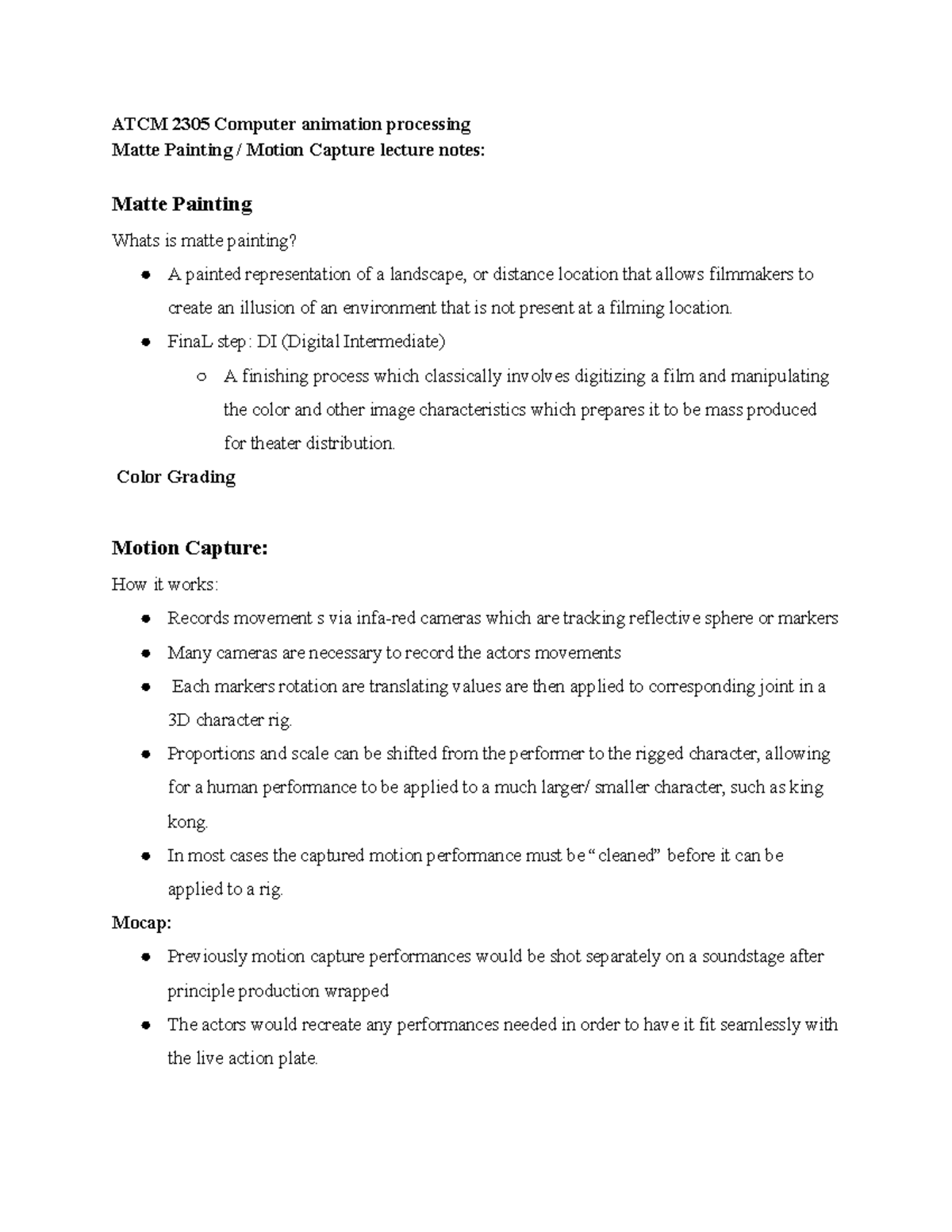 Matte Painting & Motion Capture lecture notes - ATCM 2305 Computer ...