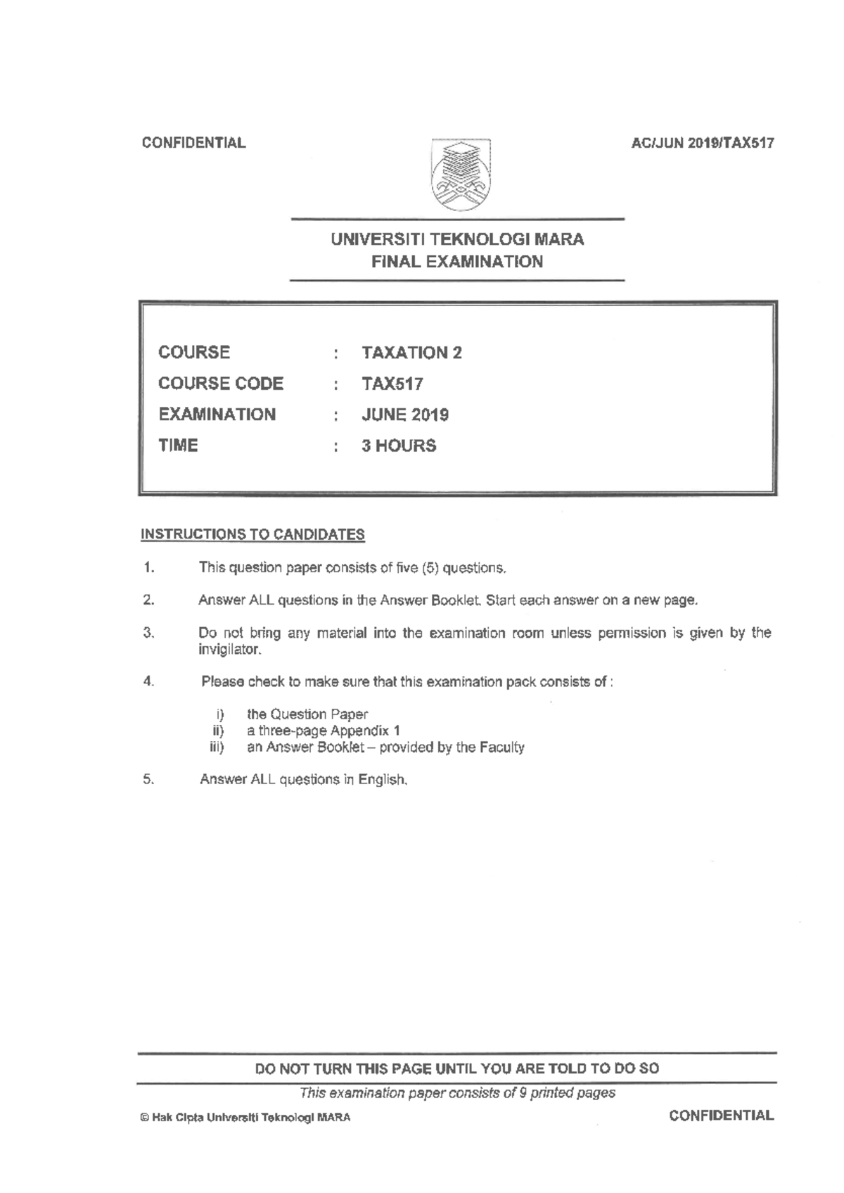 PAST YEAR QUESTION June 2019 - Taxation - Studocu