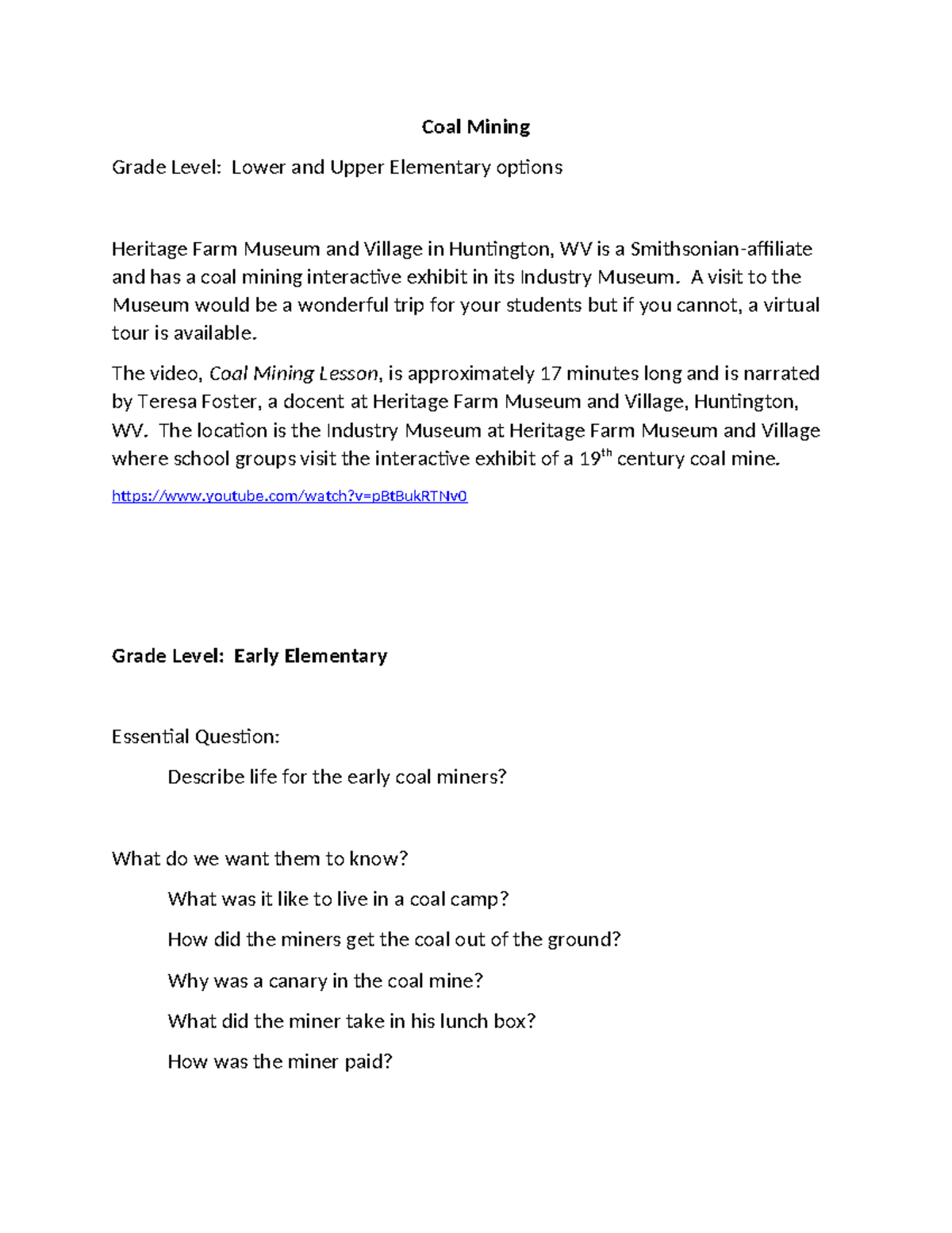 Coal Mining - Coal Mining Grade Level: Lower and Upper Elementary ...