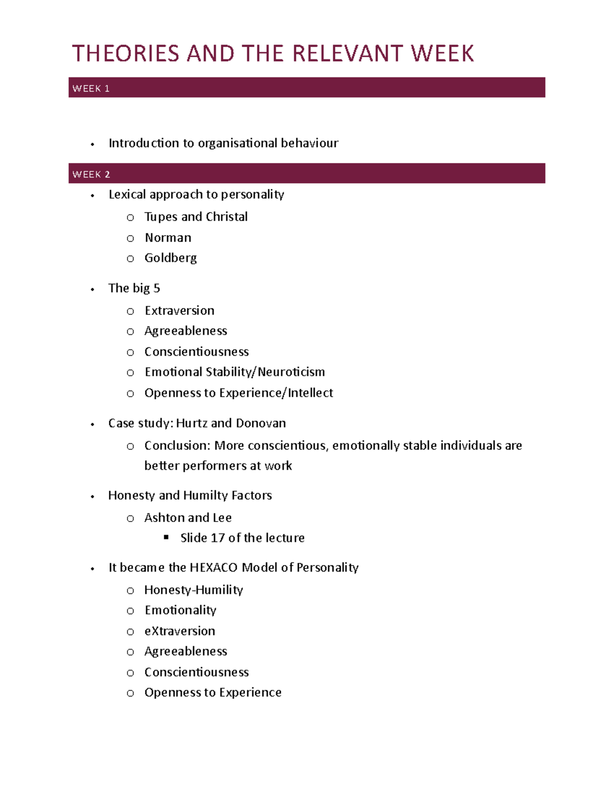 The weeks and the theories - THEORIES AND THE RELEVANT WEEK WEEK 1 ...