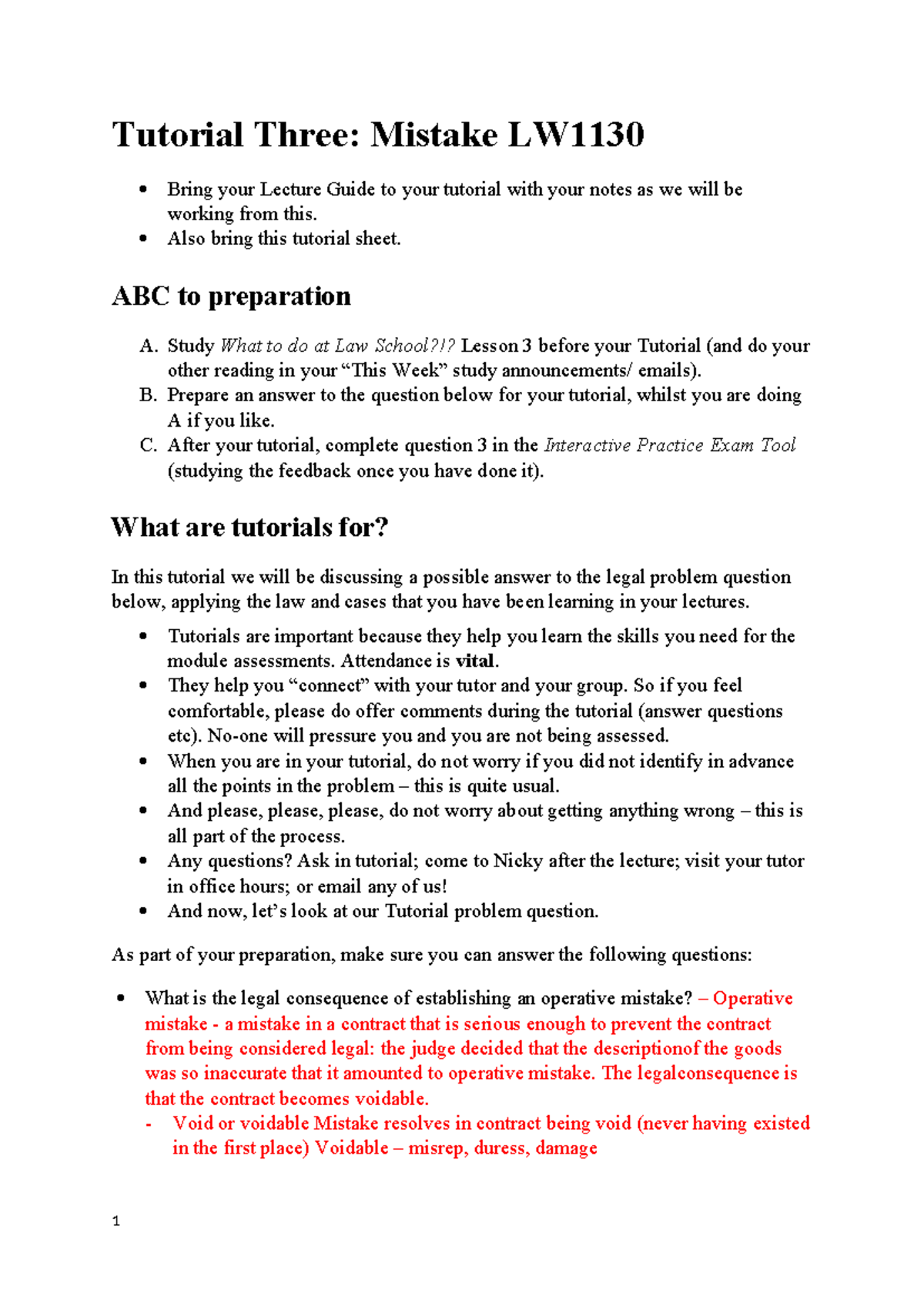 000000 Contract T3 Tutorial LW1130 - Tutorial Three: Mistake LW Bring your Lecture Guide to your ...