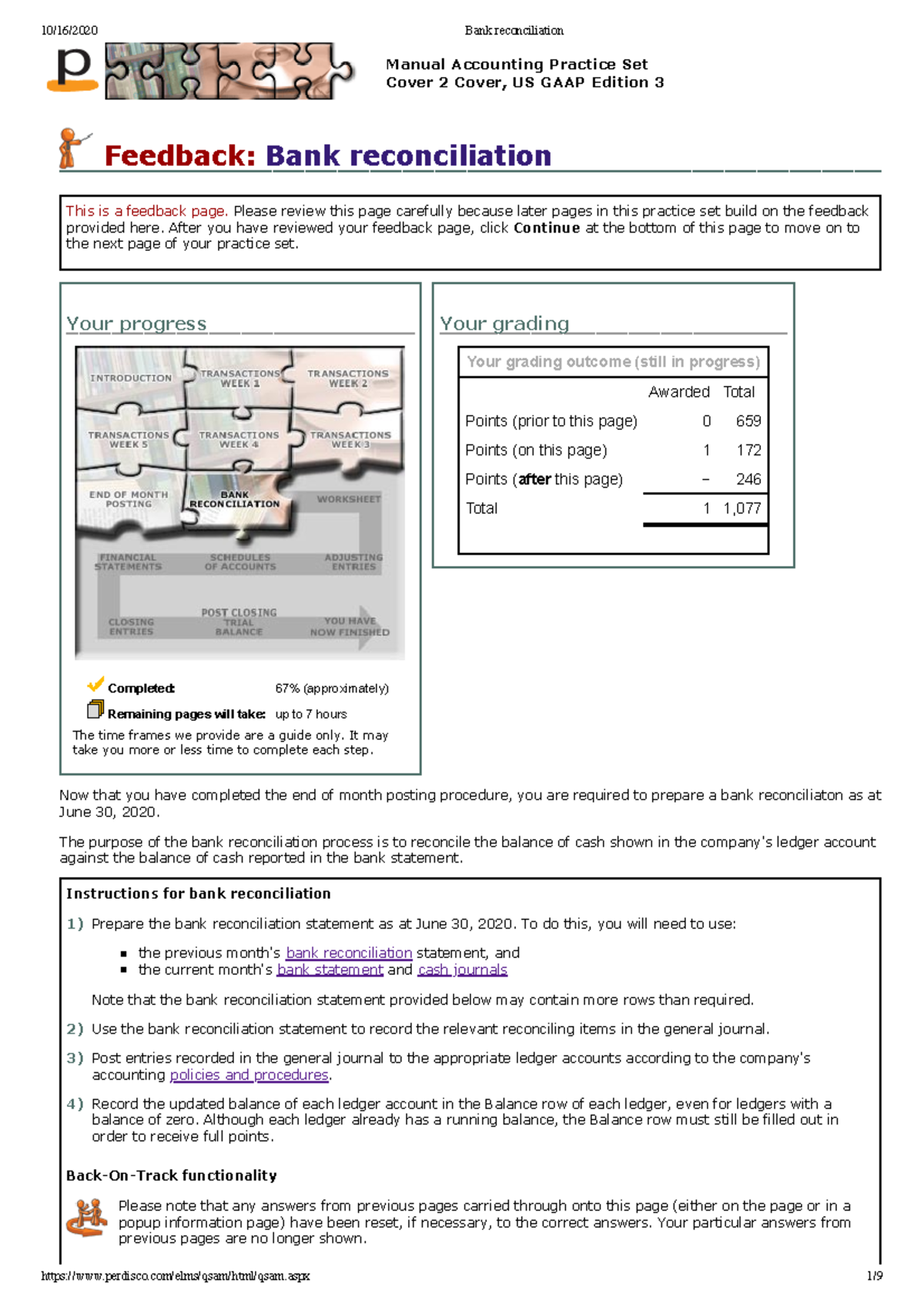 Bank reconciliation - coursework - Your progress Completed: 67% ...
