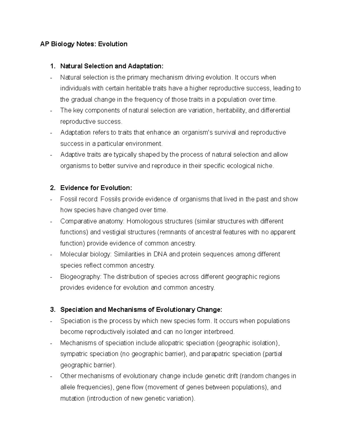 AP Biology Notes: Evolution - AP Biology Notes: Evolution Natural ...