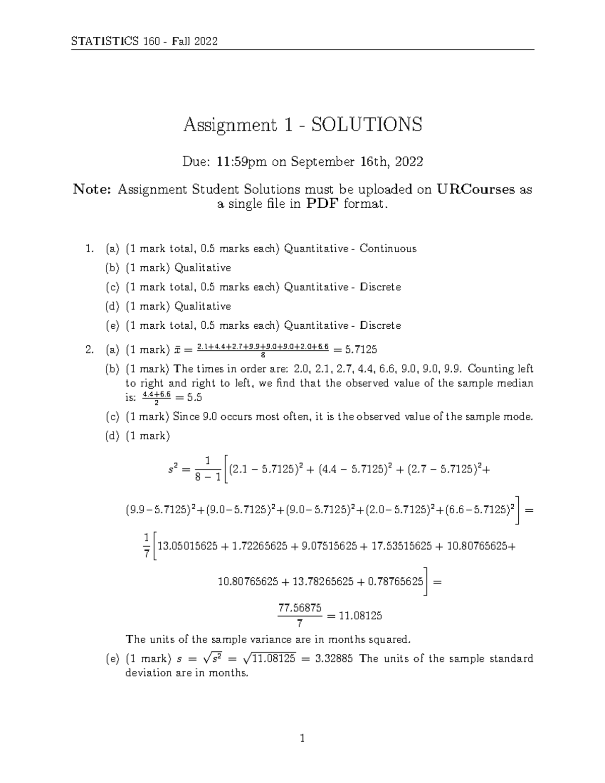 Assignment 1Solutions Stats 160 - STATISTICS 160 - Fall 2022 Assignment 1 - SOLUTIONS Due: 11 ...