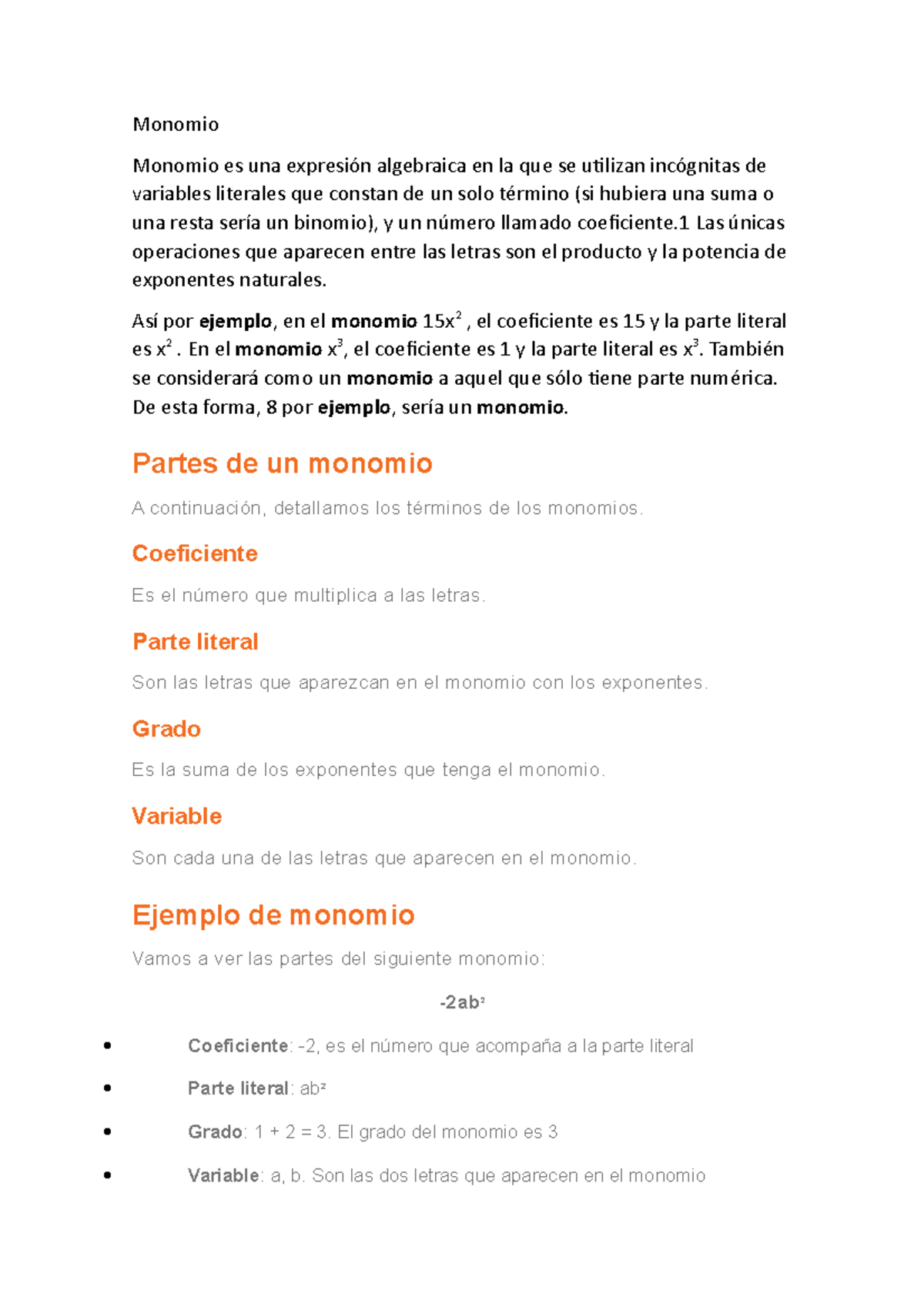 Monomio - hola - Monomio Monomio es una expresión algebraica en la que ...