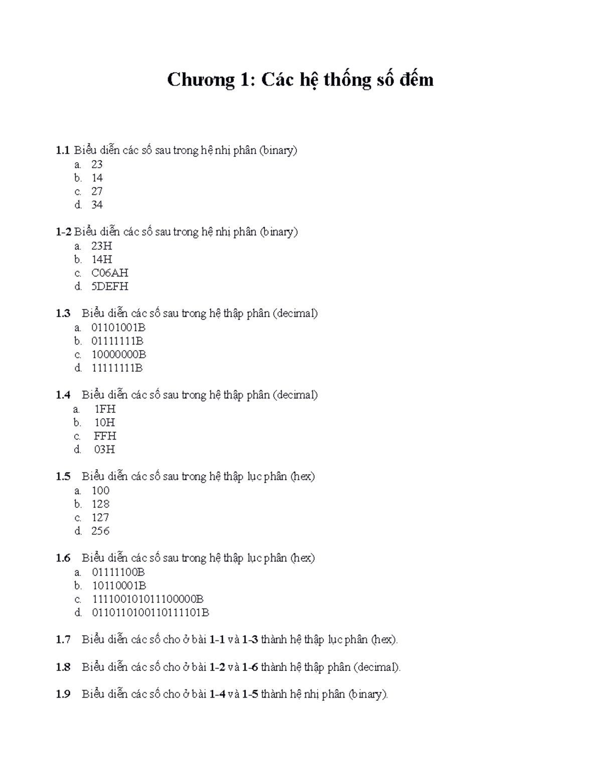Bai Tap C 1 - dạhdgasdjhagsdjahsdg - Chương 1: Các hệ thống số đếm 1 ...