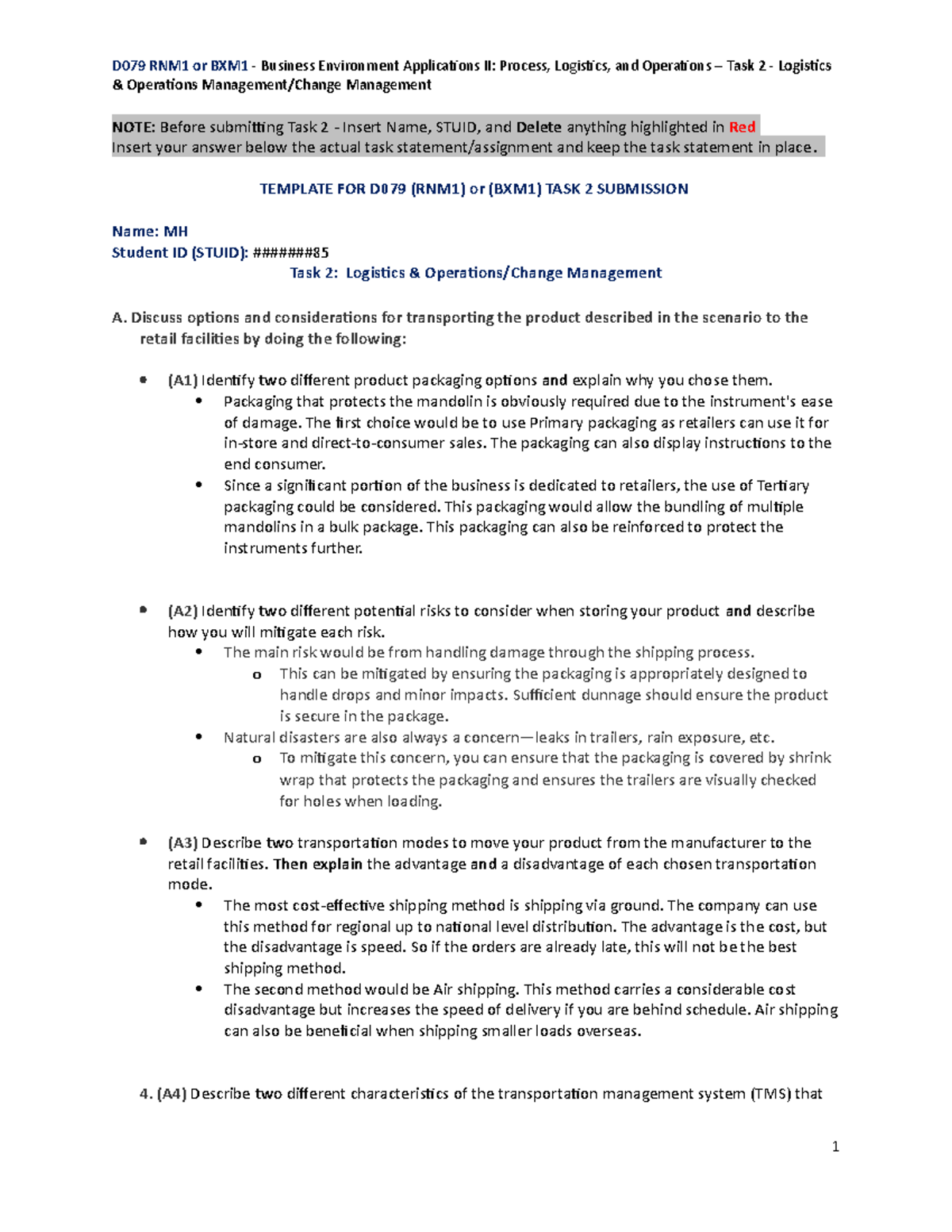 D079 Task 2 - Graded Fully Competent - D079 RNM1 or BXM1 - Business ...