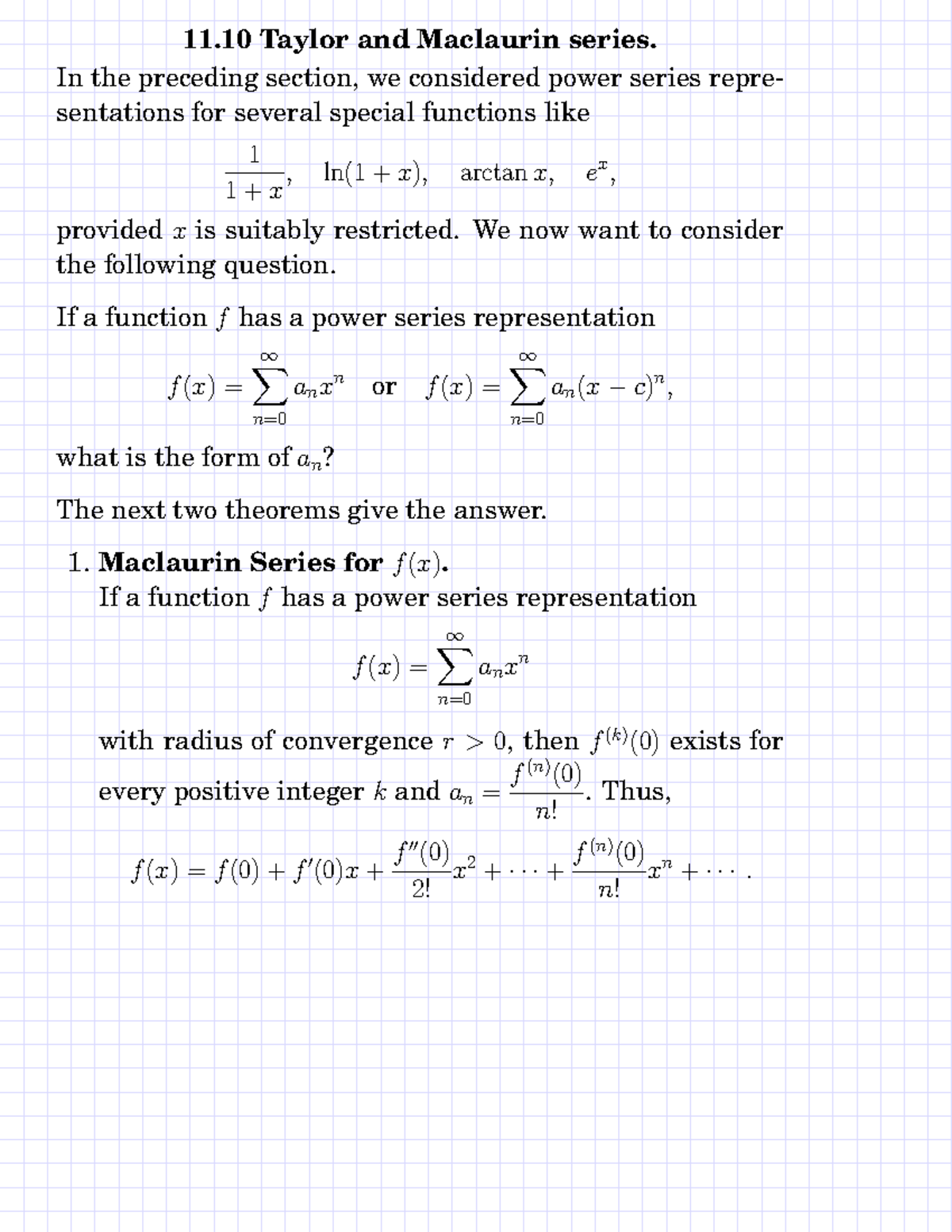 1220 Section 11 - Lec notes - 11 Taylor and Maclaurin series. In the ...