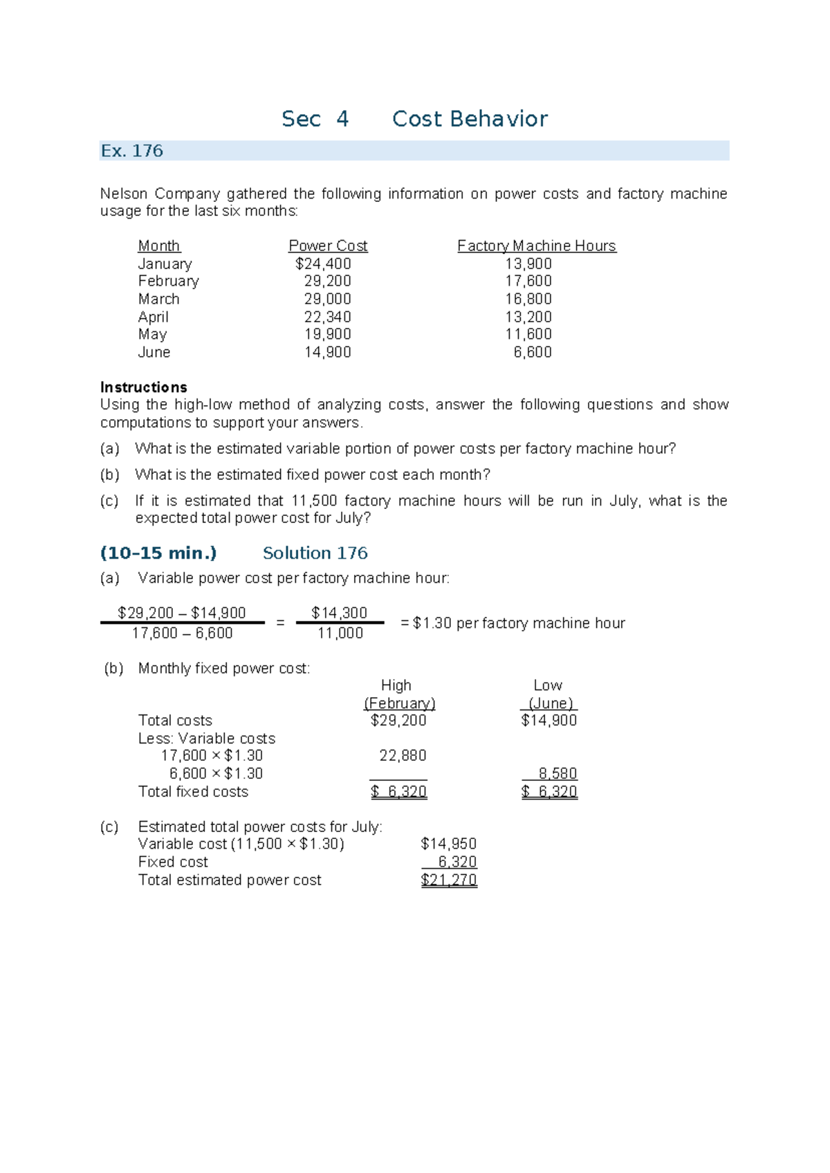 Sec 4 Cost Behavior - COST ACCOUNTING - Sec 4 Cost Behavior Ex. 176 ...