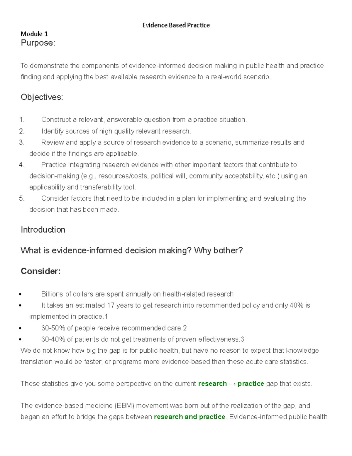 Online Module 1 - Evidence Based Practice Module 1 Purpose: To ...