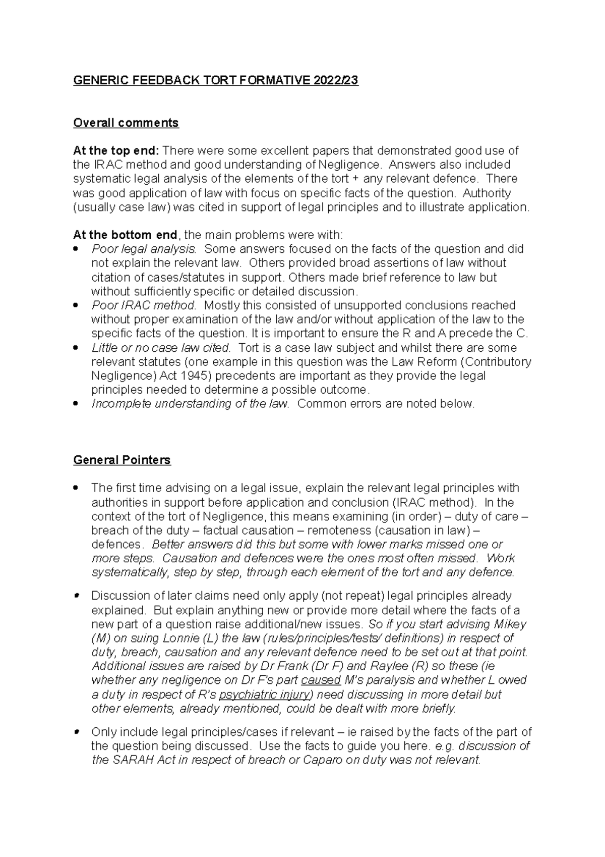 Generic Feedback TORT Formative 2023 - GENERIC FEEDBACK TORT FORMATIVE ...