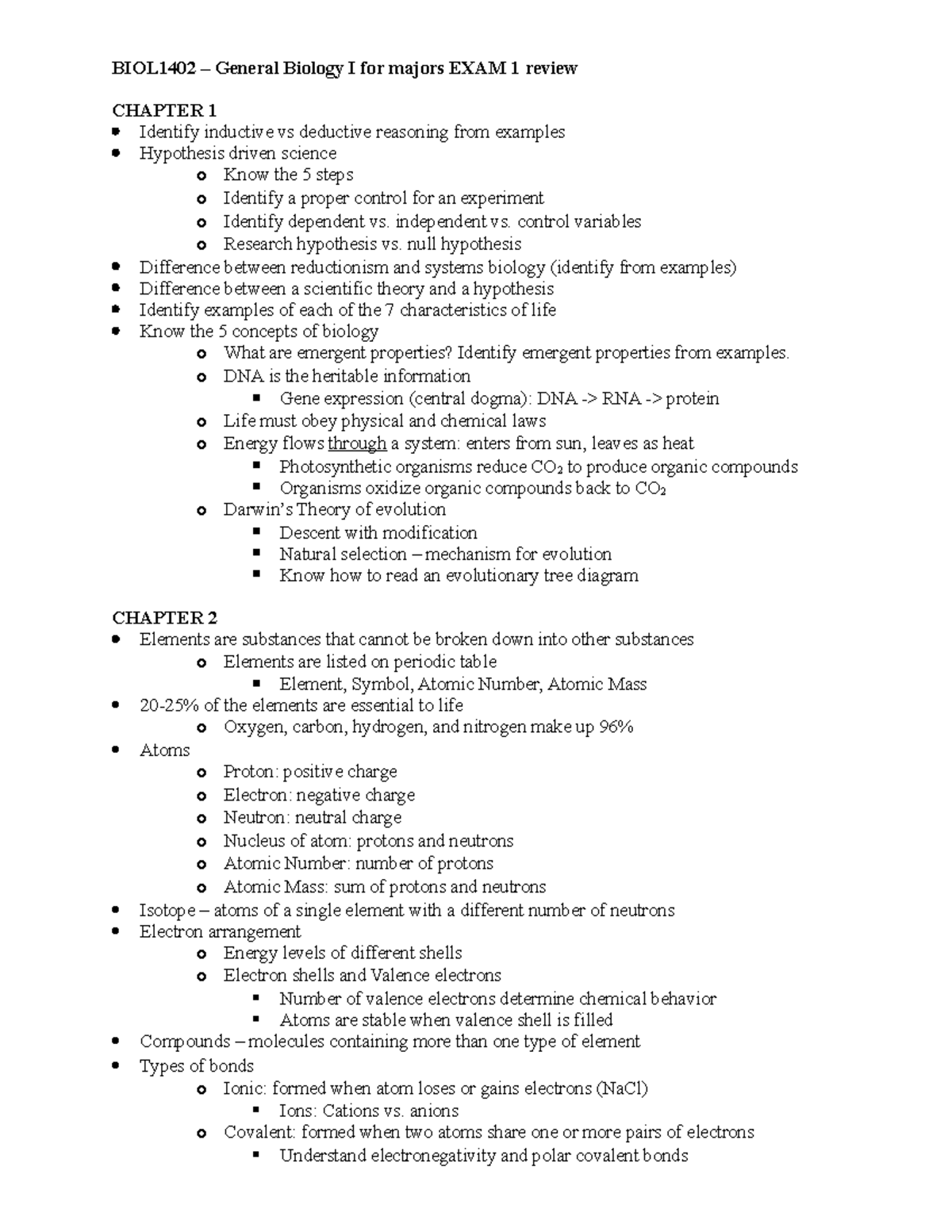 Exam 1 Review spring 2022 - BIOL1402 – General Biology I for majors EXAM 1 review CHAPTER 1 ...