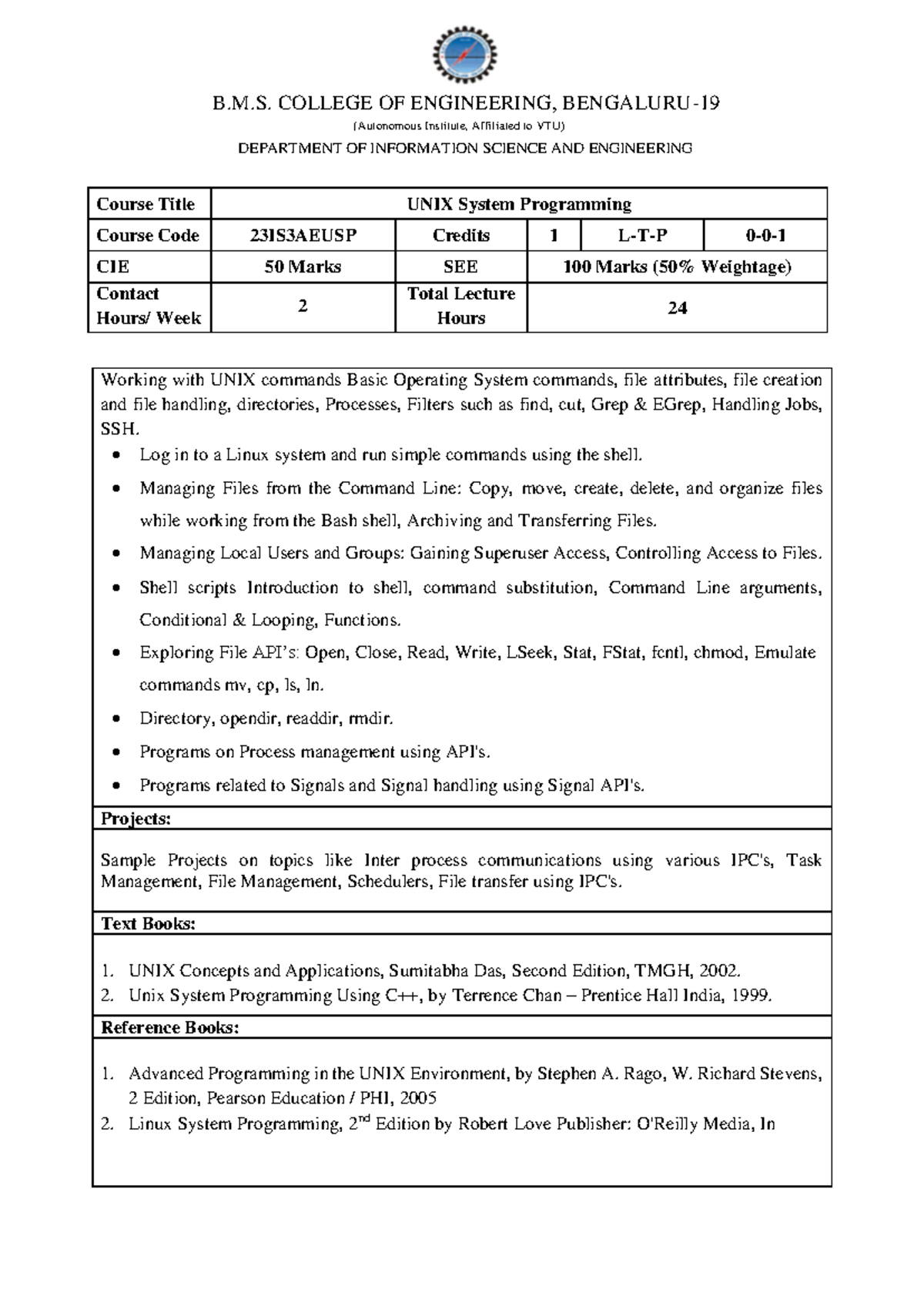 USP - Syllabus - B.M. COLLEGE OF ENGINEERING, BENGALURU- 19 (Autonomous Institute, Affiliated to ...