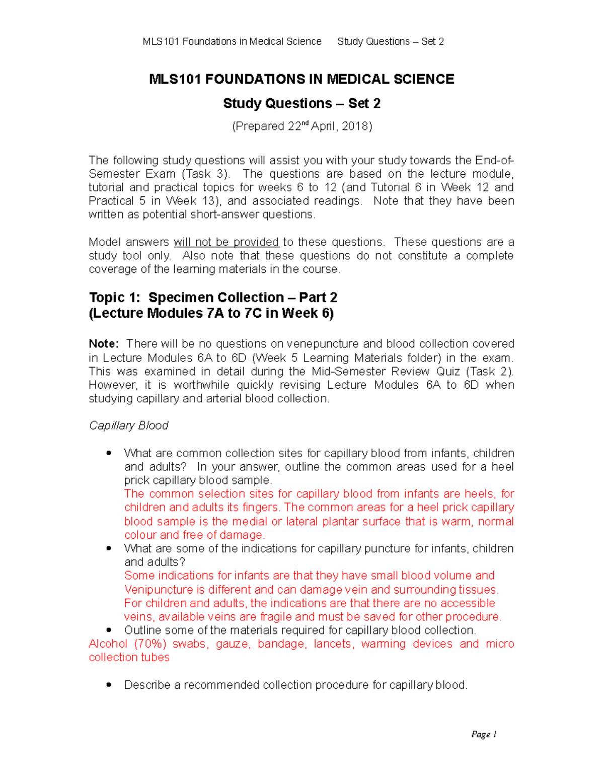 MLS101 Study Qs Set2 2018 - MLS101 Foundations in Medical Science Study ...