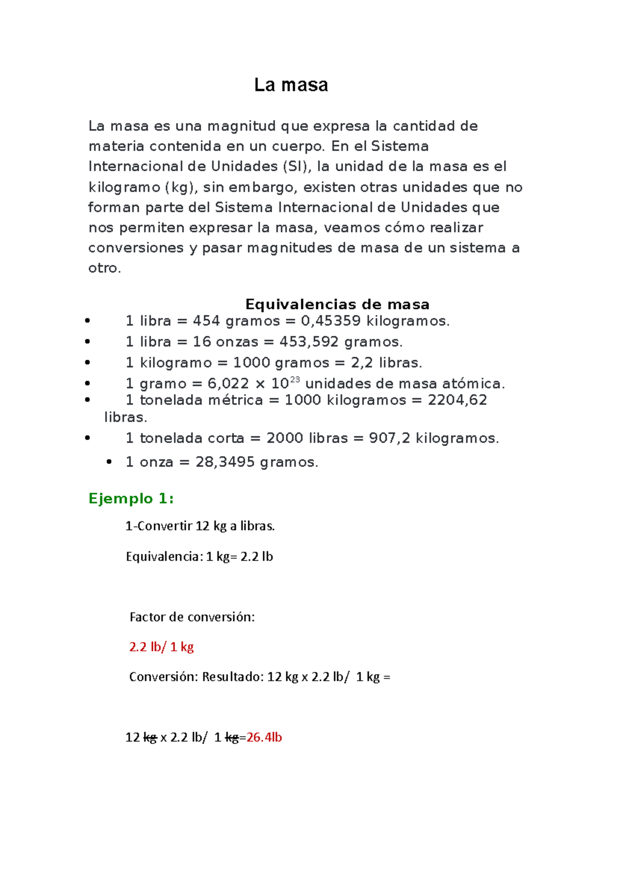 Propiedades especificas - La masa La masa es una magnitud que expresa ...