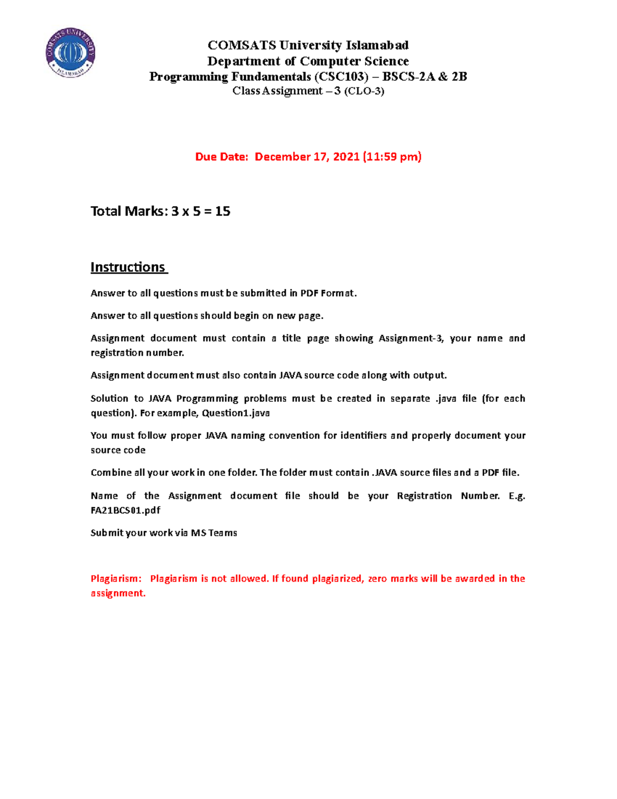 Class Assignment 3 Fa21 Comsats University Islamabad Department Of Computer Science