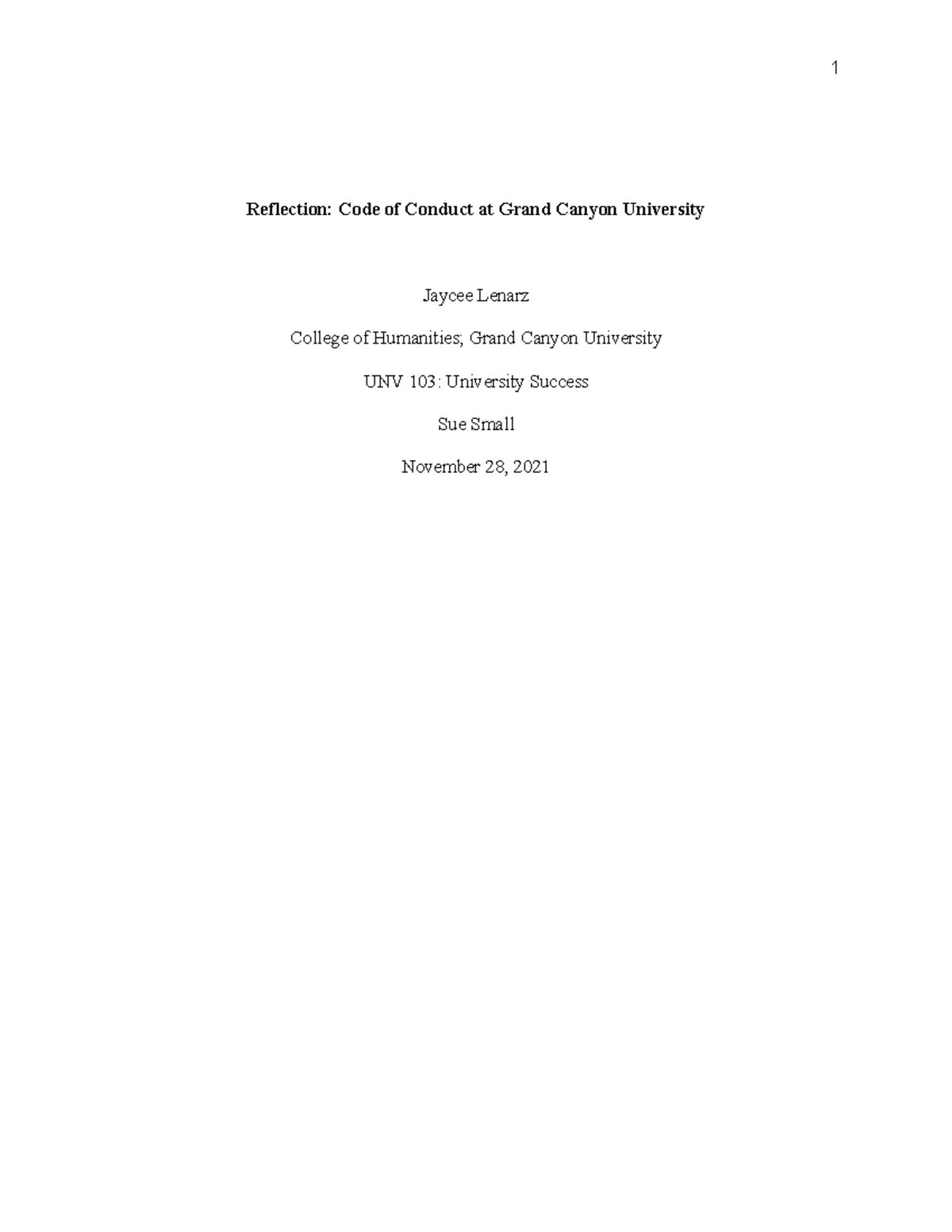 T2W2 Reflection Code of Conduct at Grand Canyon University - Reflection ...