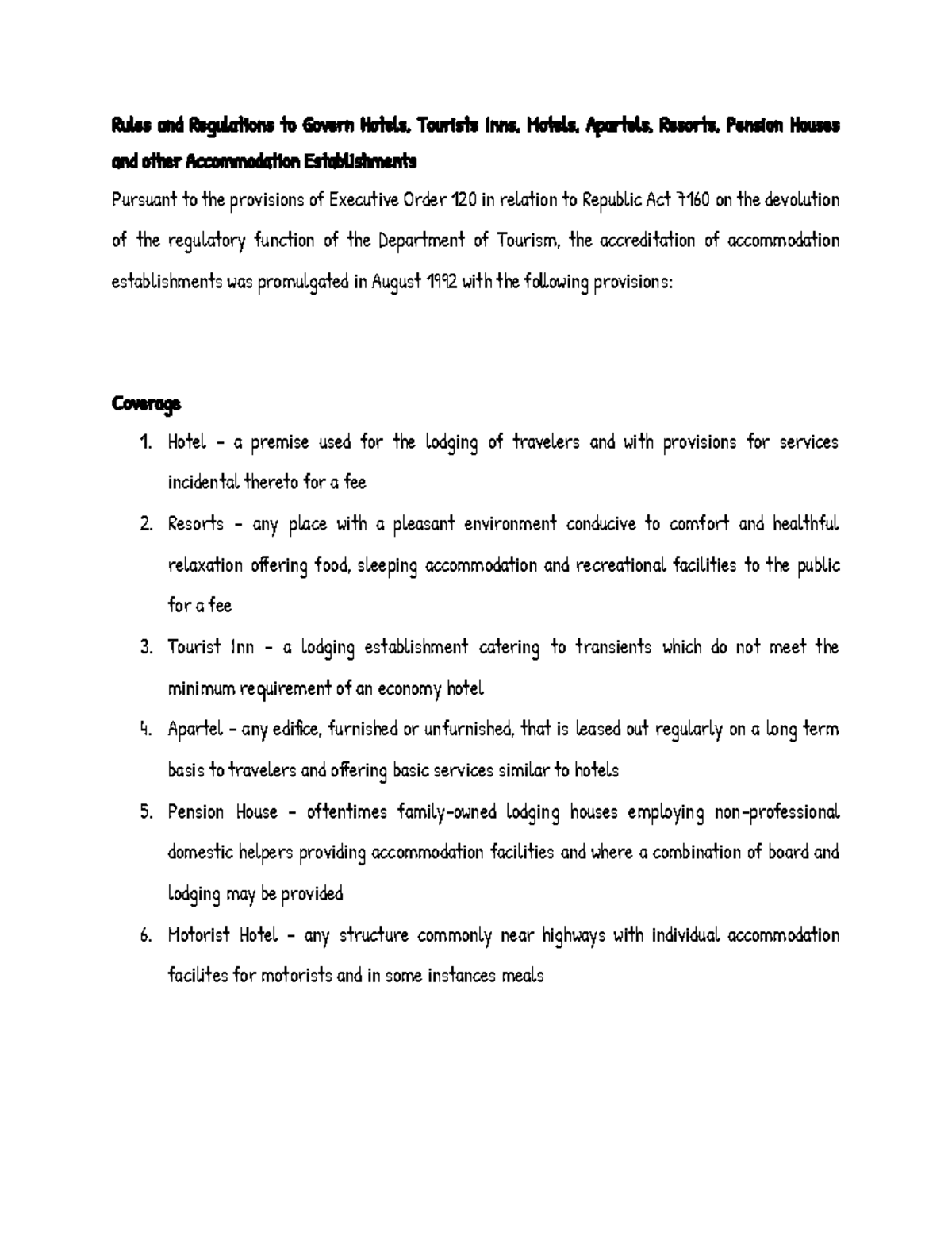 Rules and Regulations to Govern Hotels, Tourist Inns, Motels, Apartels ...