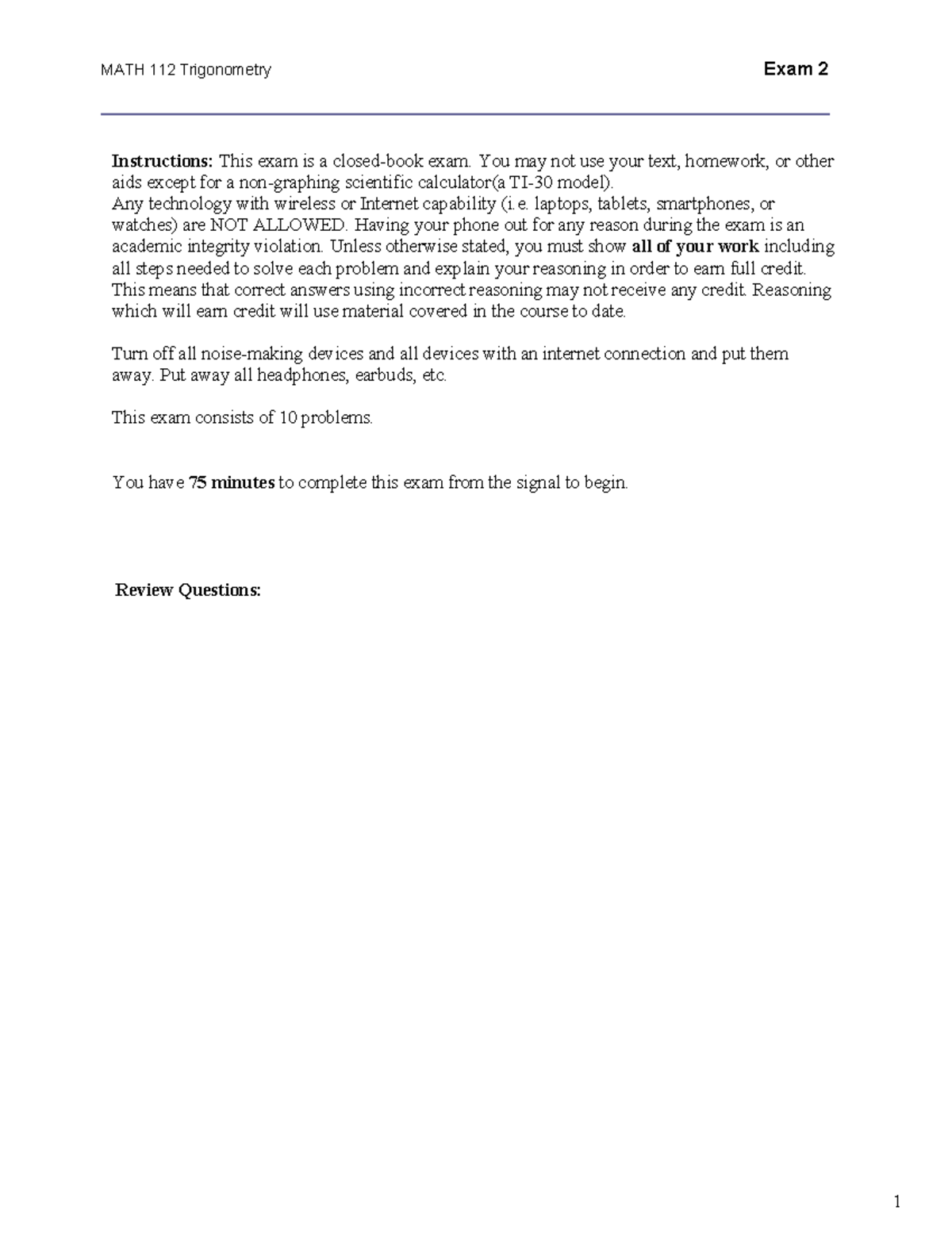 Trig Exam 2 Solutions - Exam answers Math 112 Zhang - 1 Instructions ...