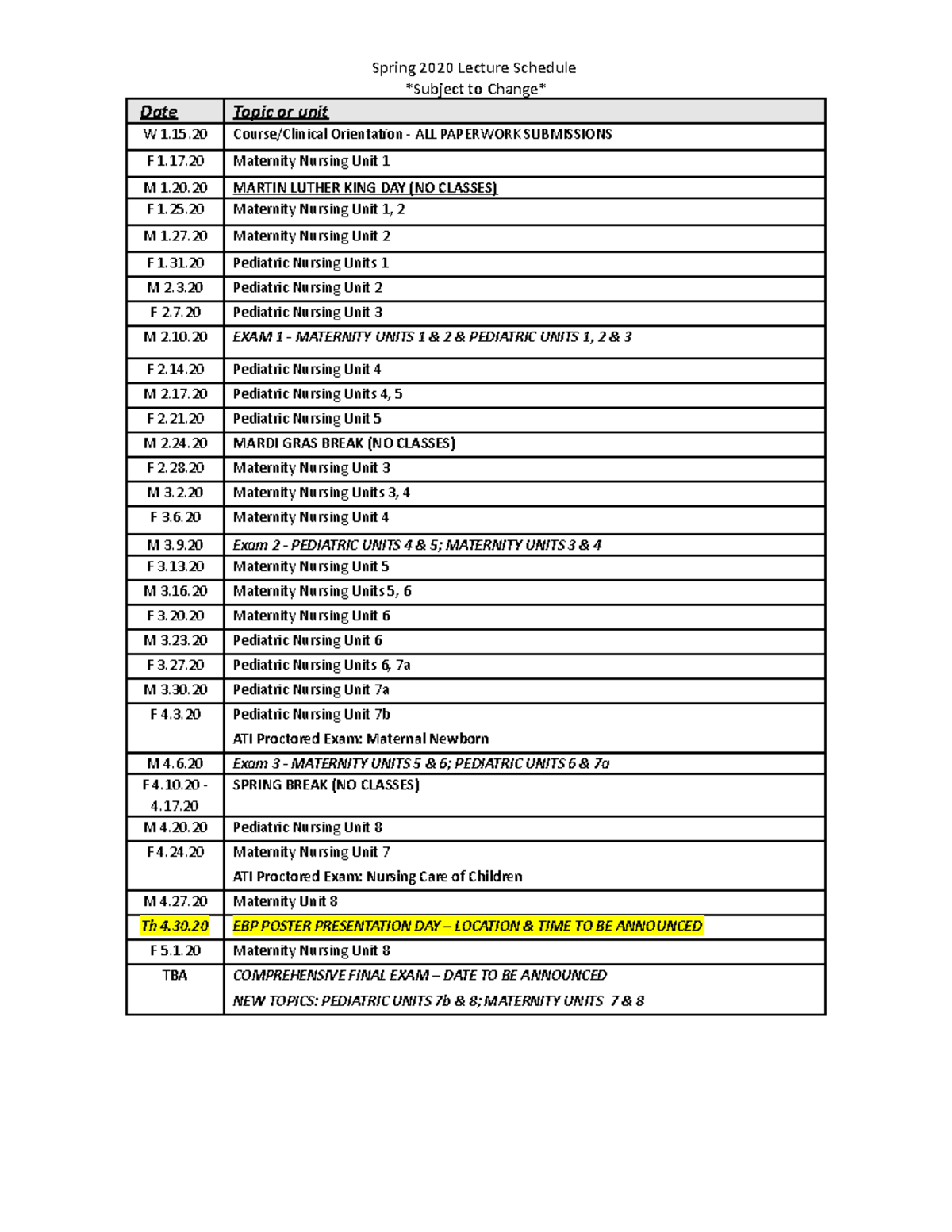 Lecture Schedule - updated in 2022. Sharonda Johnson as professor. - Spring 2020 Lecture ...