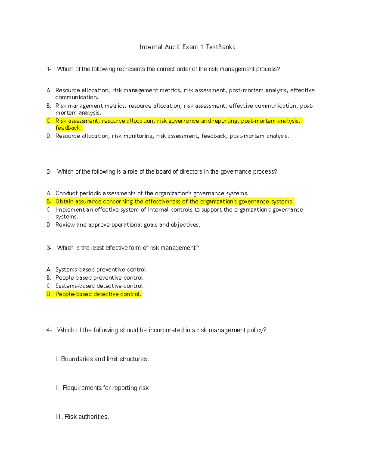 Internal Audit Exam 1 Test Banks - Resource allocation, risk management ...