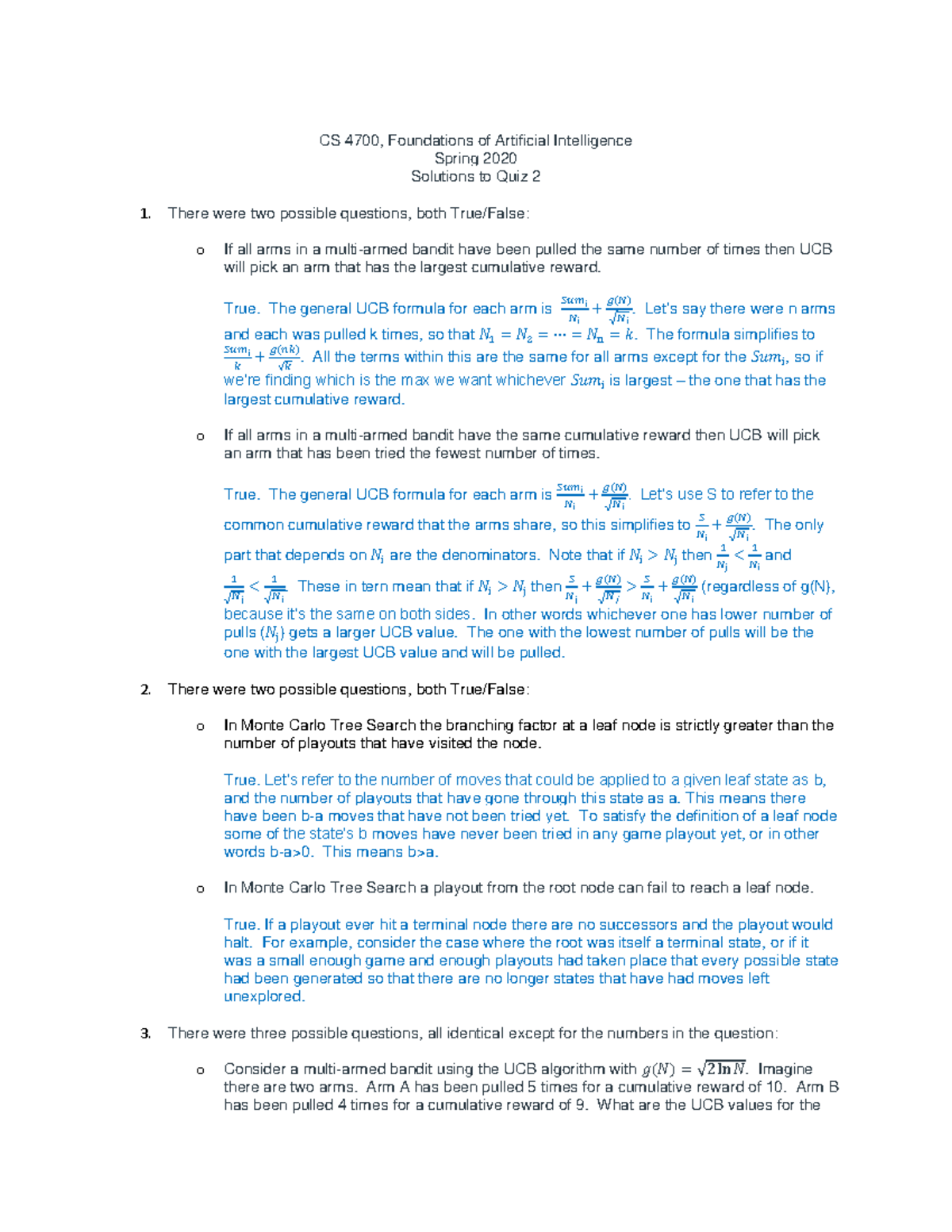 4700 2020sp q2 solutions - CS 4700, Foundations of Artificial Intelligence Spring 2020 Solutions ...