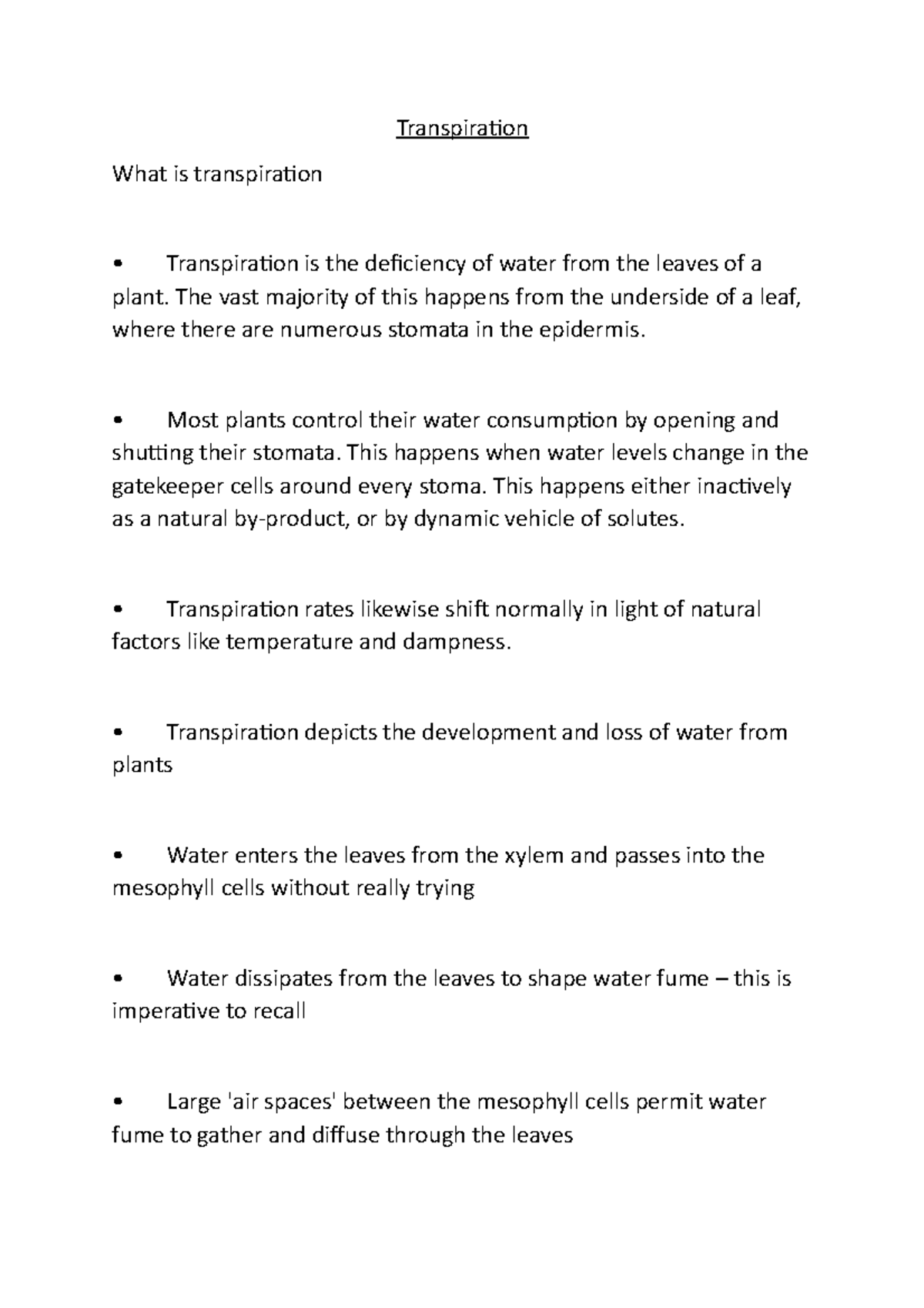 Transpiration - Notes in Biology OCR A, A- Level. - Transpiration What ...