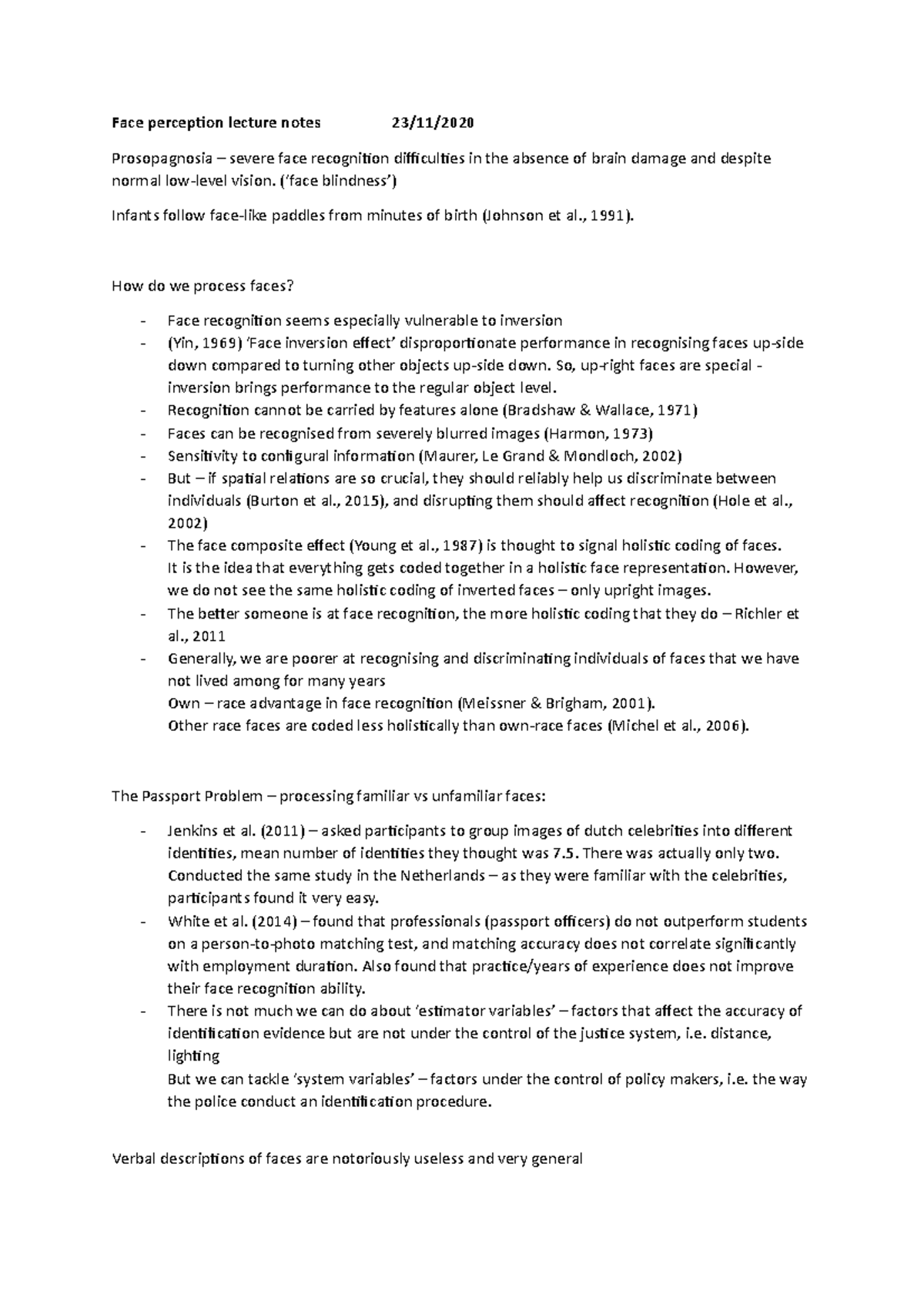 Face processing lecture notes - Face perception lecture notes 23/11 ...