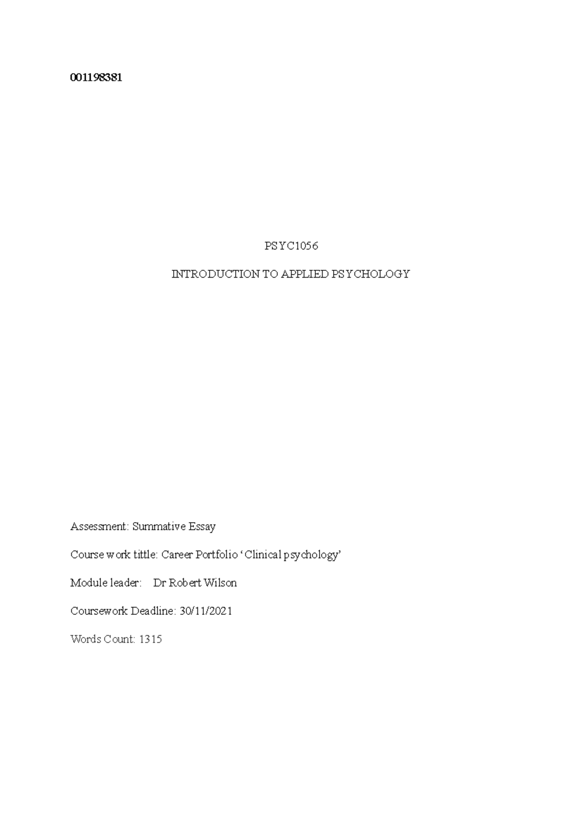 Clinical Psychology Portfolio - 001198381 PSYC INTRODUCTION TO APPLIED ...