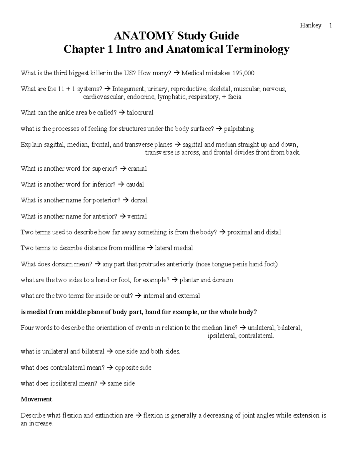 BIOL 313 Clinical Anatomy Study Guide - ANATOMY Study Guide Chapter 1 ...